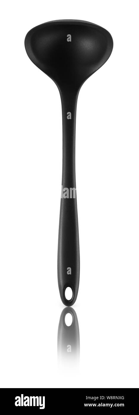 Black plastic and silicone kitchen deep ladle with reflection isolated ...