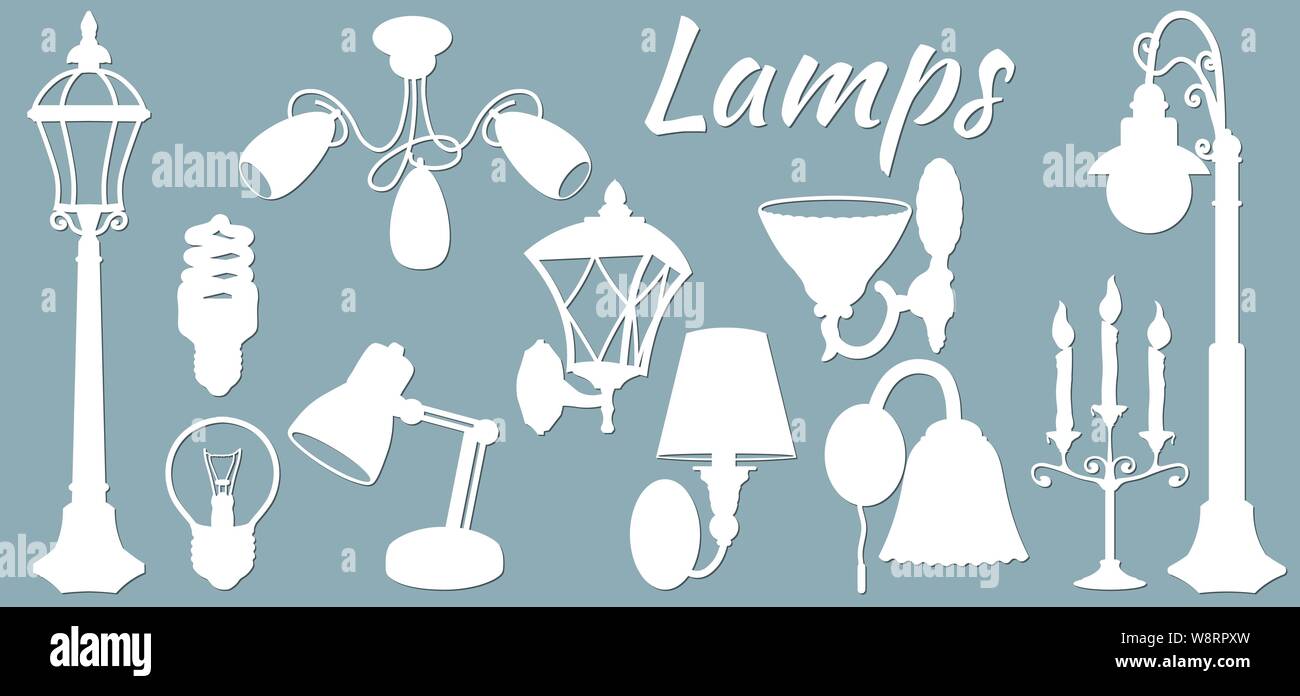 lamp, floor lamp, wall lamp. Vector illustration. Set of paper lamp ...