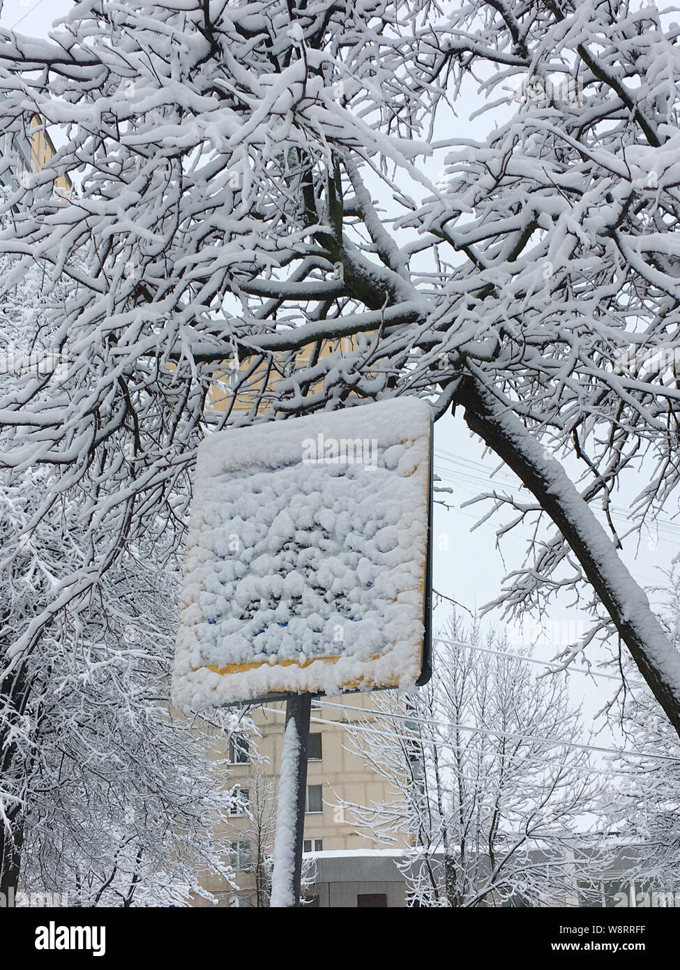 Road sign pedestrian crossing completely hidden by snow. Road safety in ...