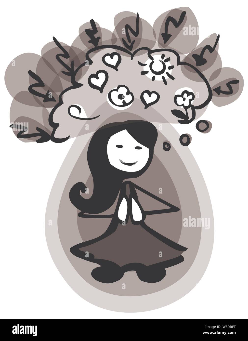 Asian female stick person meditating with an aura thinking positive ...