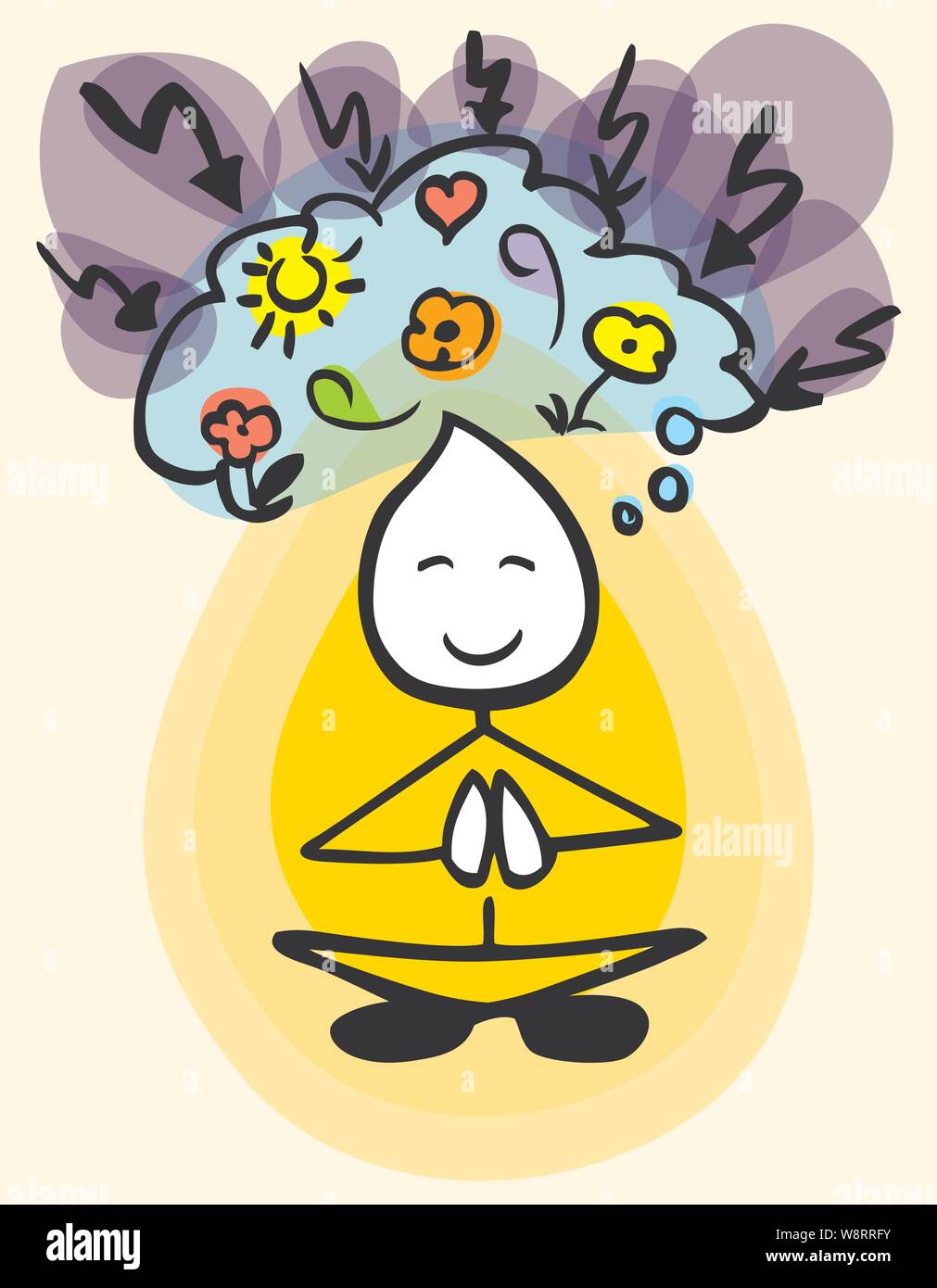 Meditating stickman with a flame as head and an aura thinking positive ...