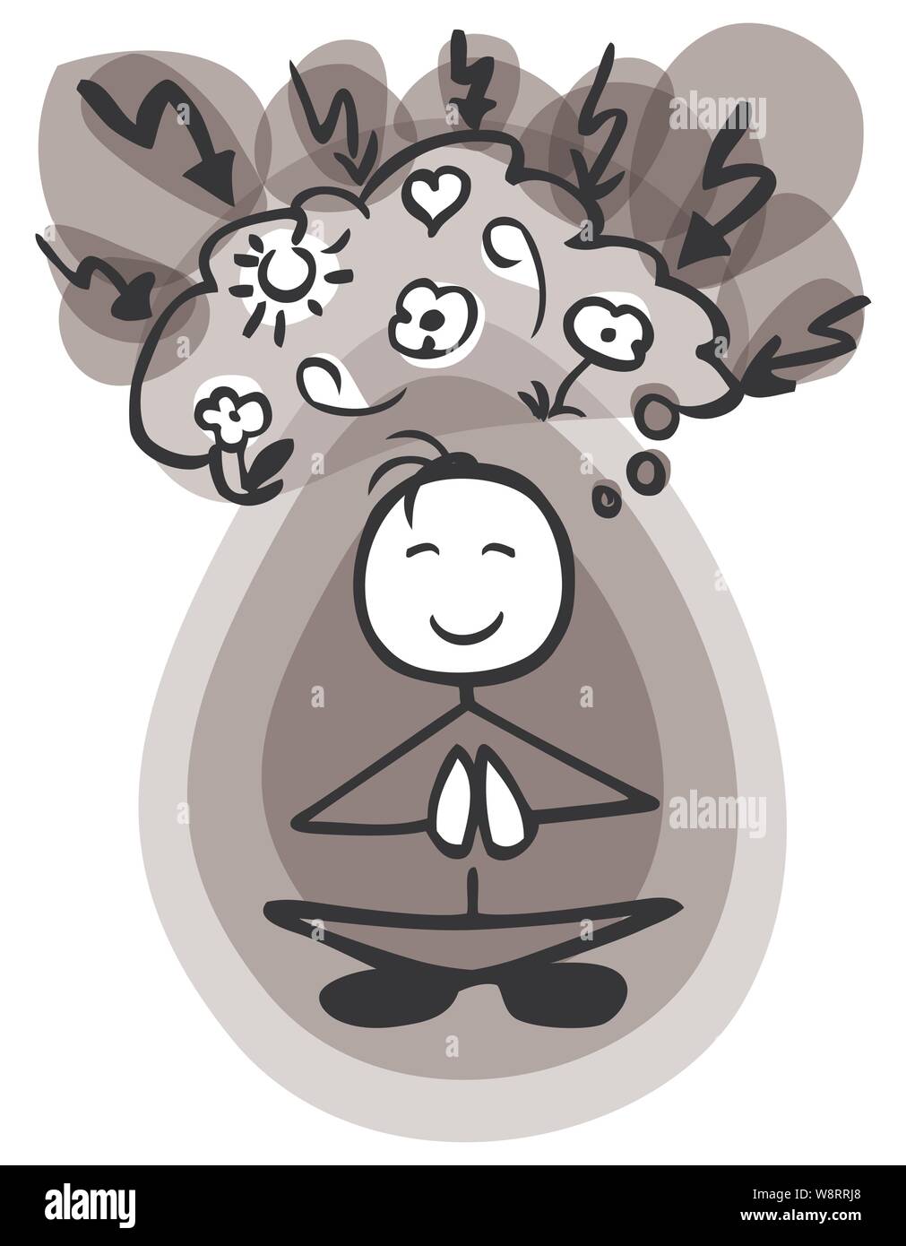 Meditating stickman usual head and an aura thinking positive black and ...