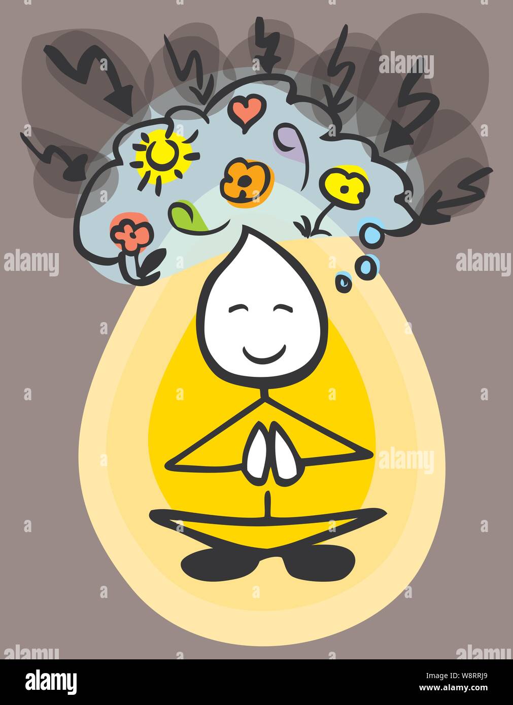 Meditating stickman with a flame as head and an aura thinking positive ...