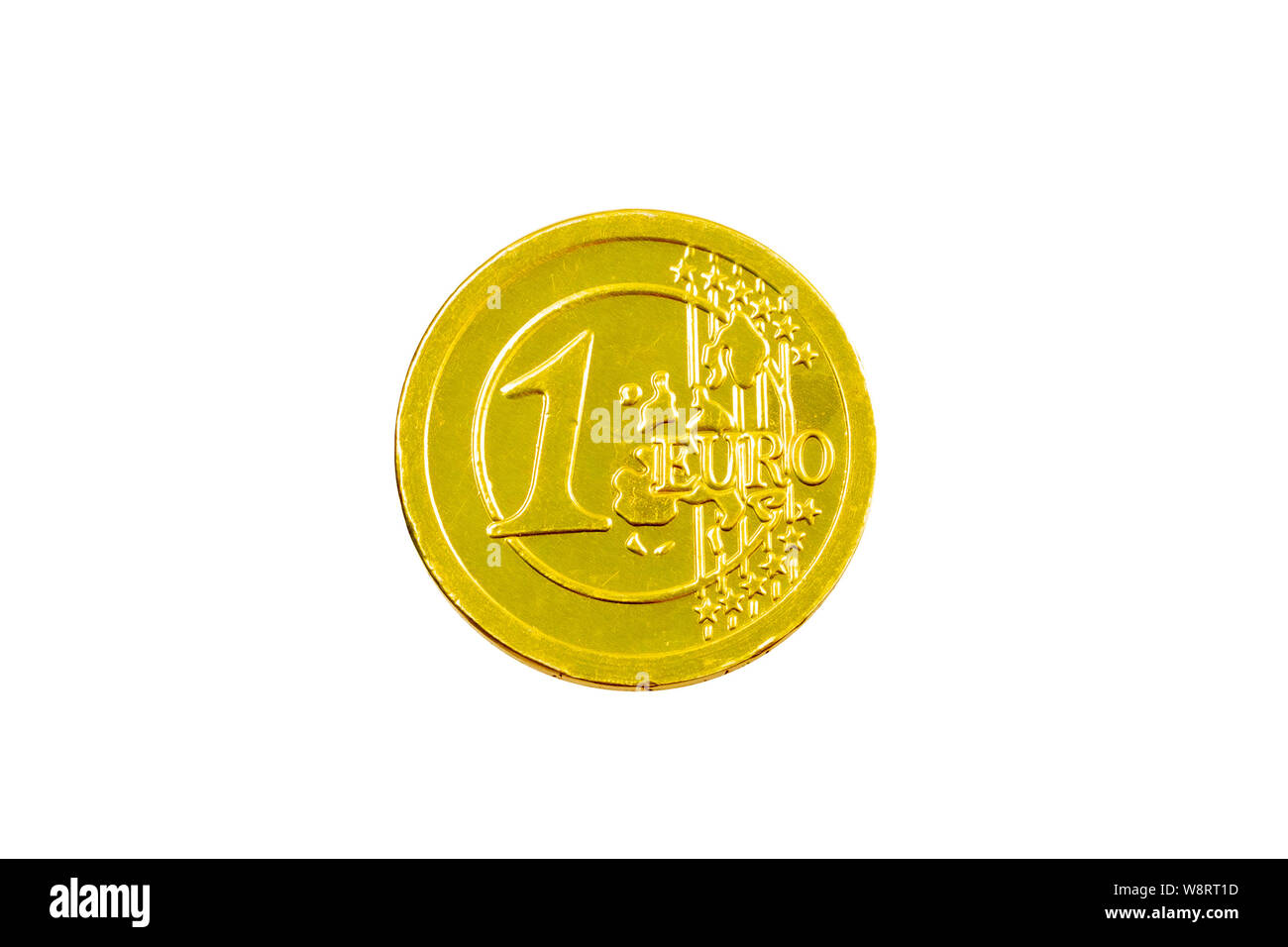Chocolate candy in the form of 1 euro. Gold foil with an engraving of 1 ...