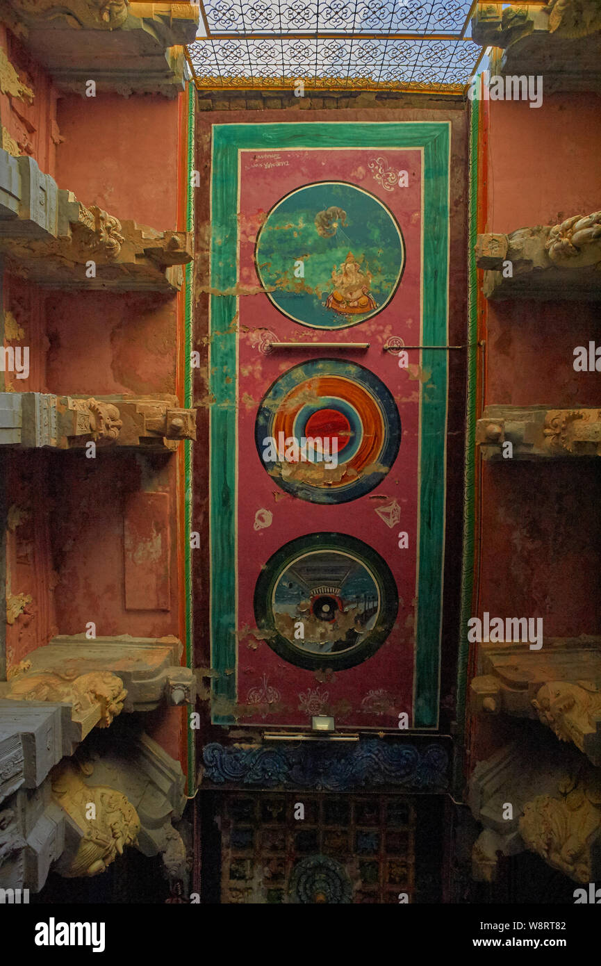 23 Aug 2009 Colourfully painted pillars and ceiling, Ramanathaswami ...