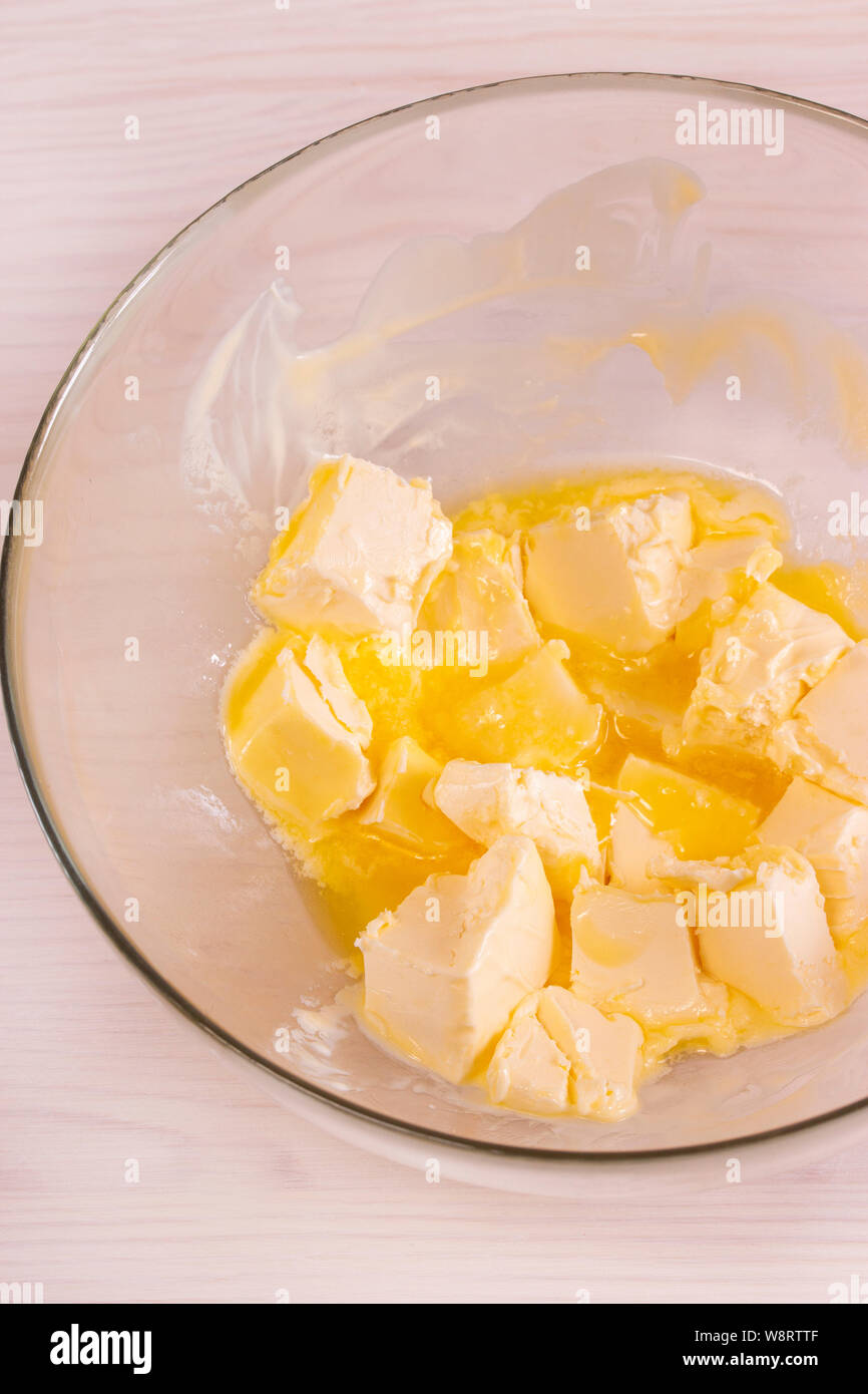 Slices of butter melt, soft butter base for the dough, a transparent ...