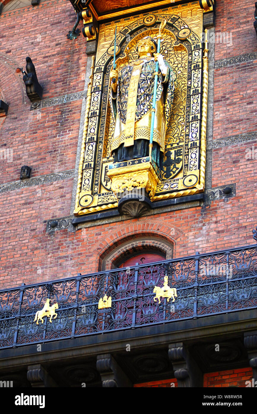 Copenhagen, City Hall facade- Absalon relief gilded statue of 1901 by ...