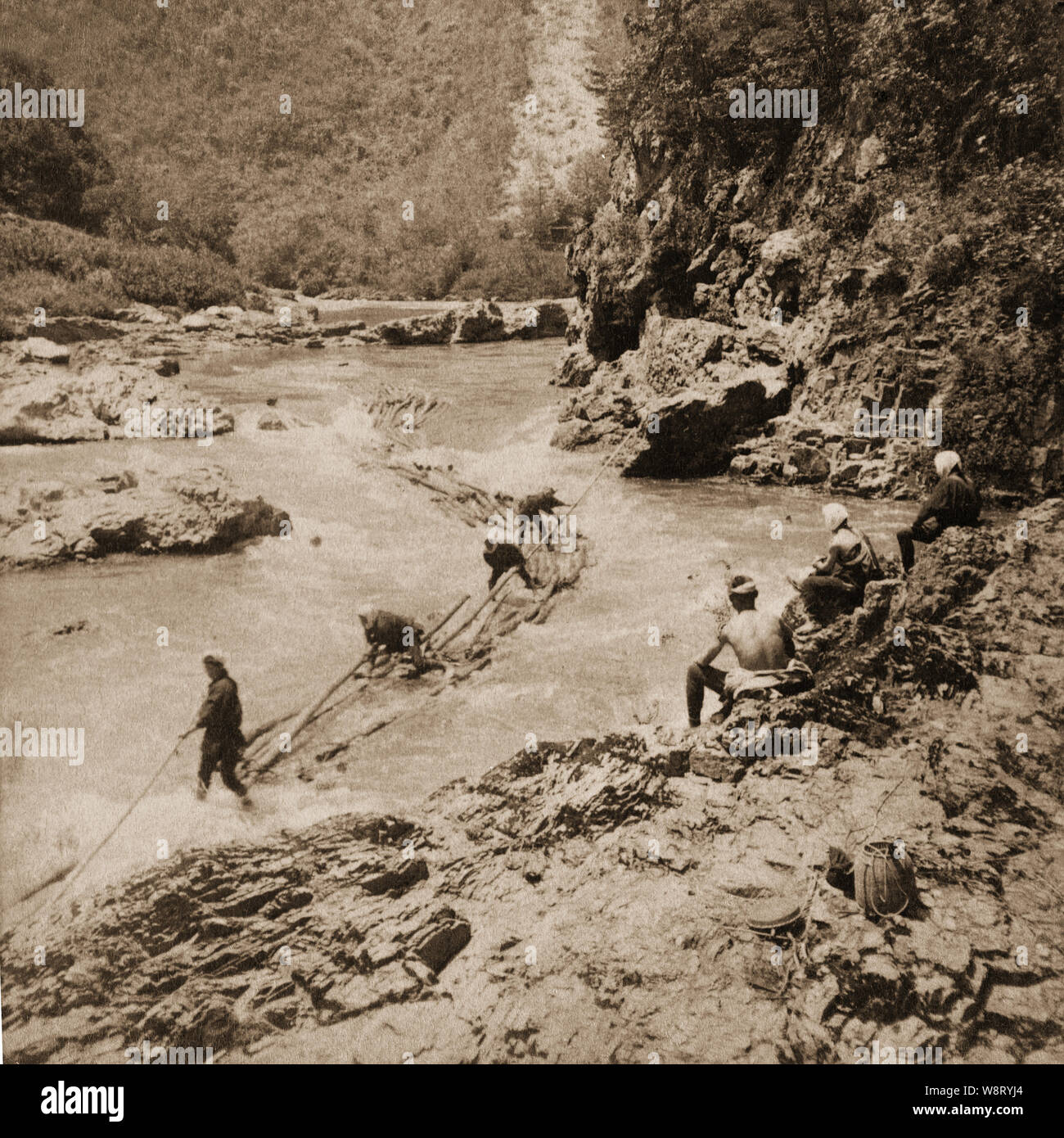 [ 1900s Japan - Japanese Log Raft ] — Four men navigate a log raft at ...