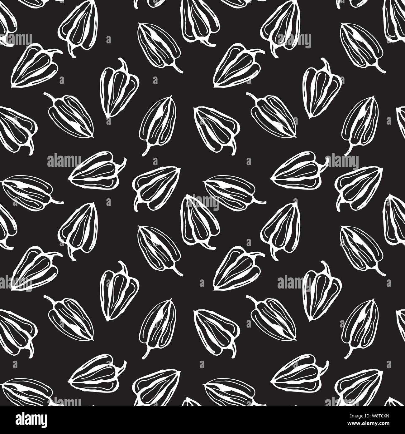 Bell pepper vector seamless pattern. Black background with white ...