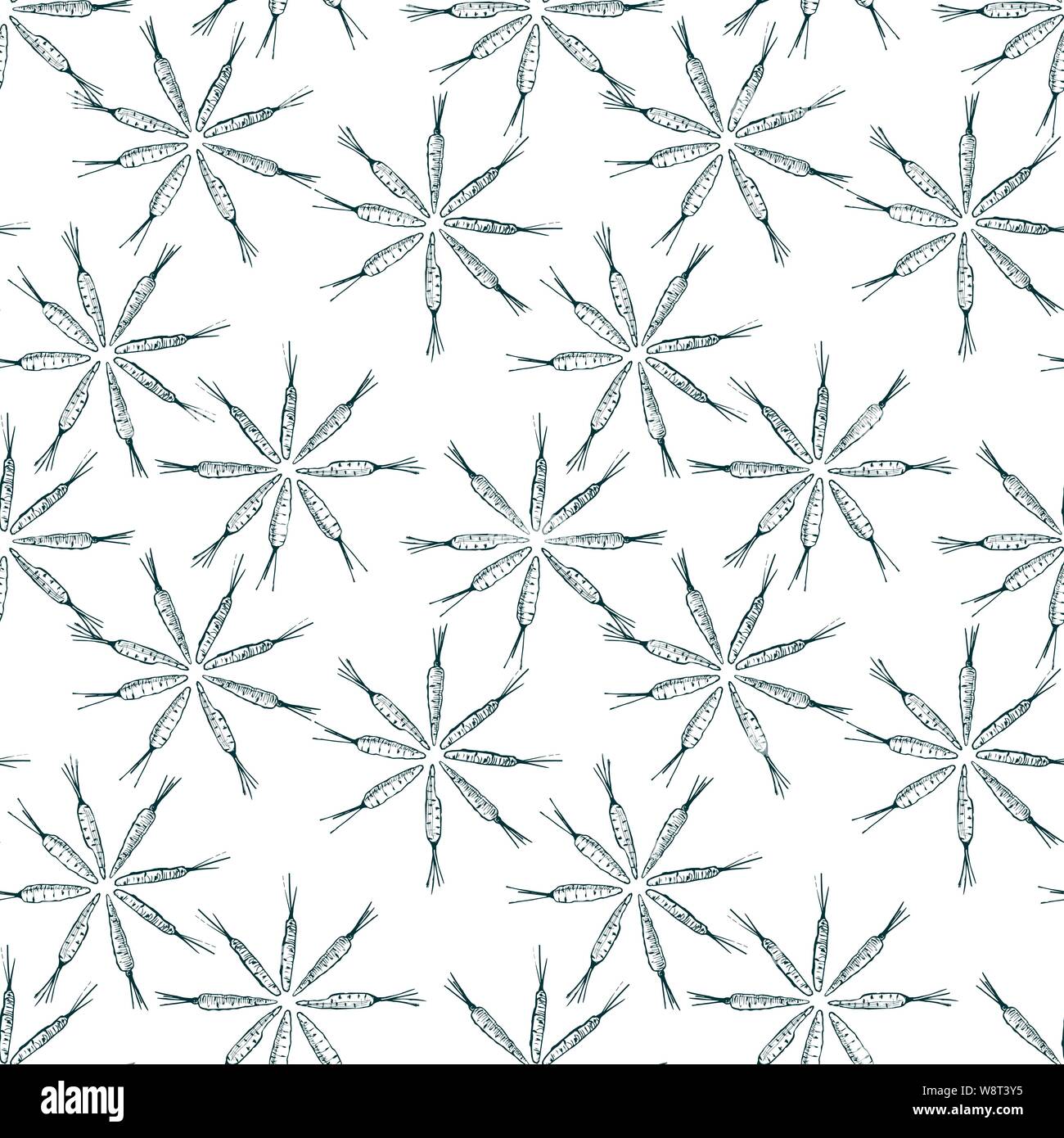 Flower shaped carrot seamless pattern. Vector graphics. Black contour ...