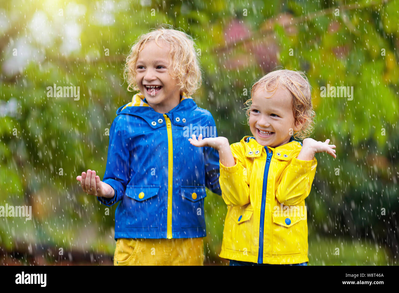 Kids play in autumn rain. Child playing outdoor on rainy day. Little ...