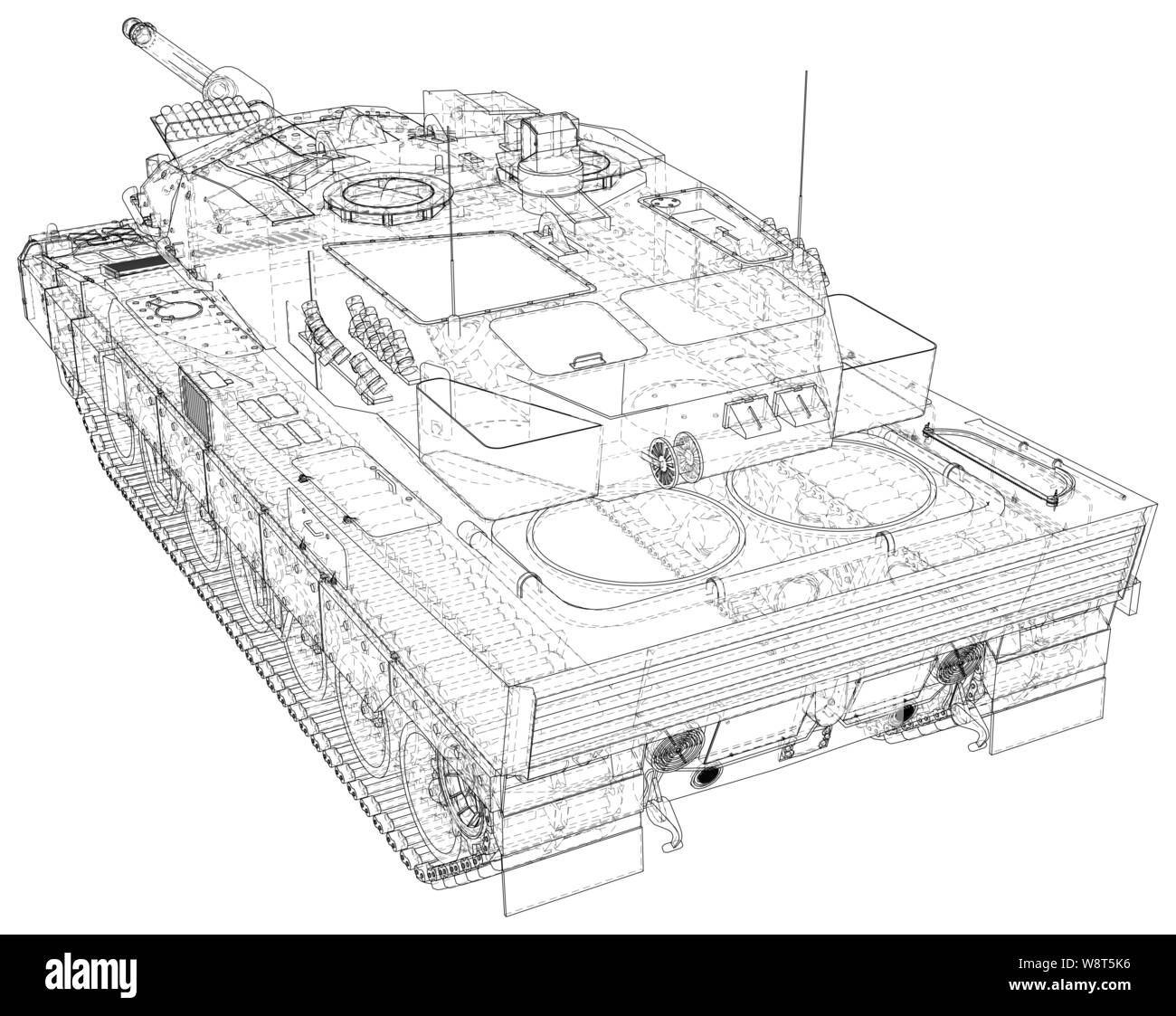 Army tank technical wire-frame. Vector illustration. Tracing ...