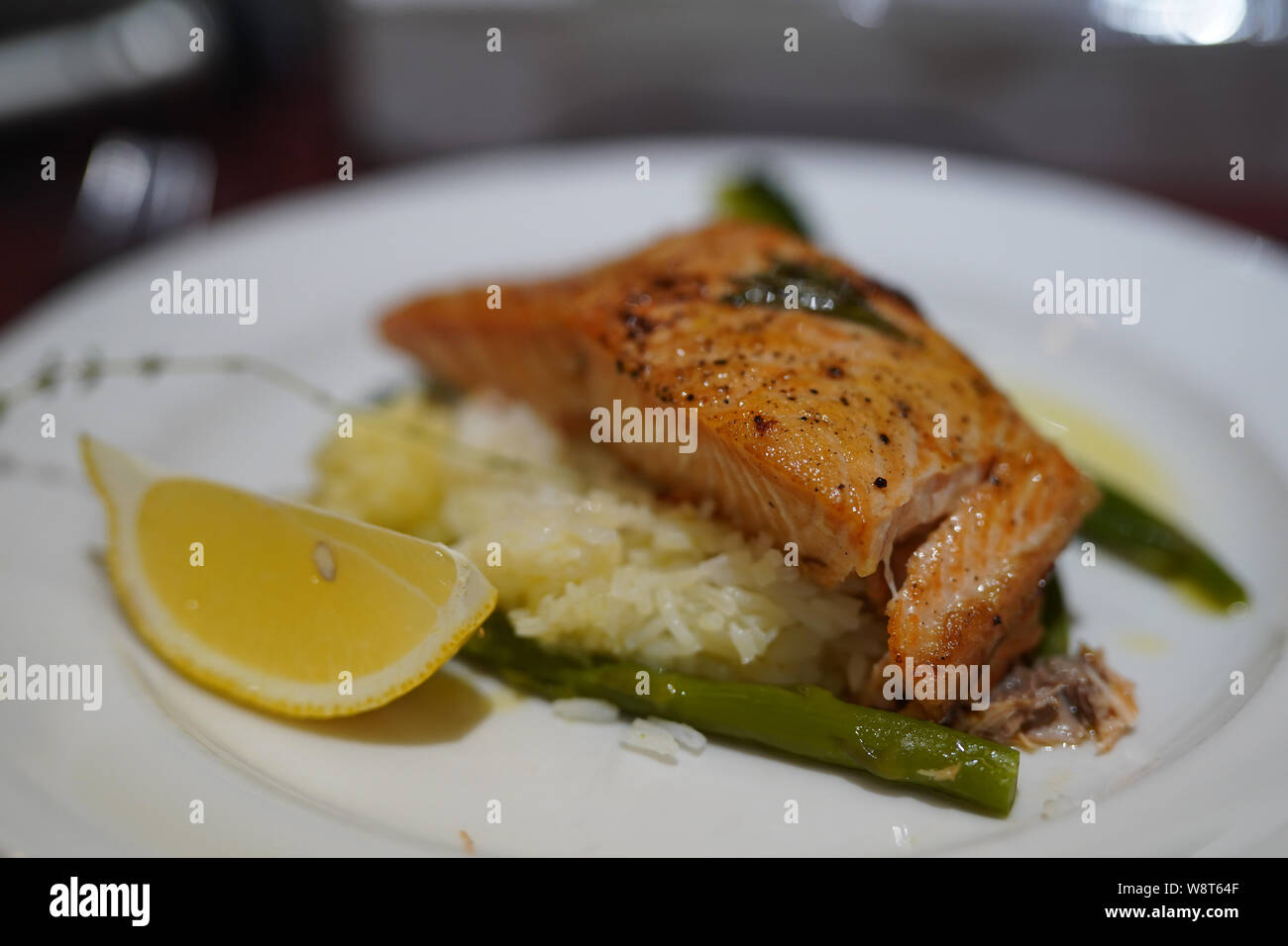 grill salmon on rice with veggie Stock Photo - Alamy