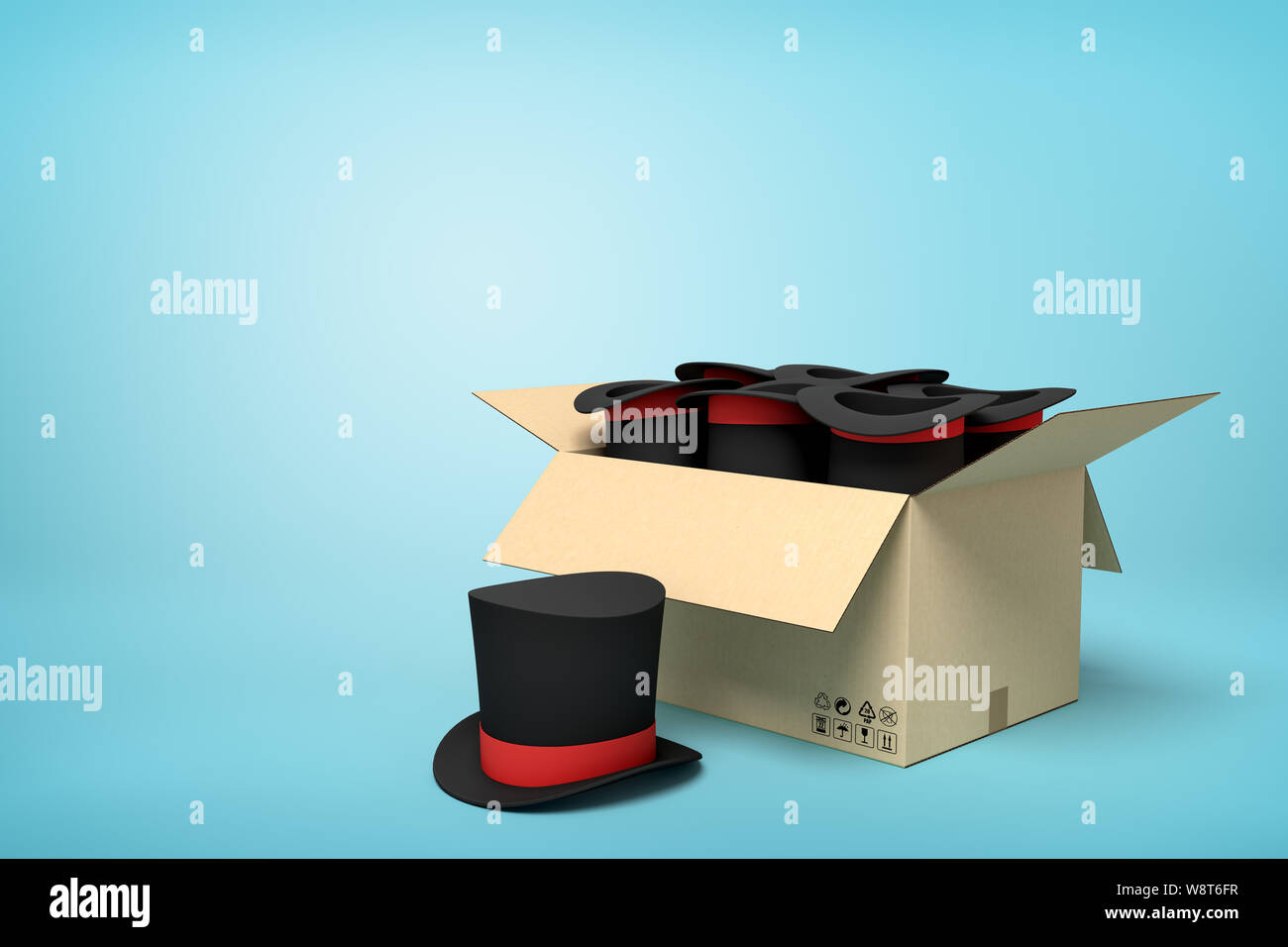 3d rendering of cardboard box full of black top hats on blue background ...