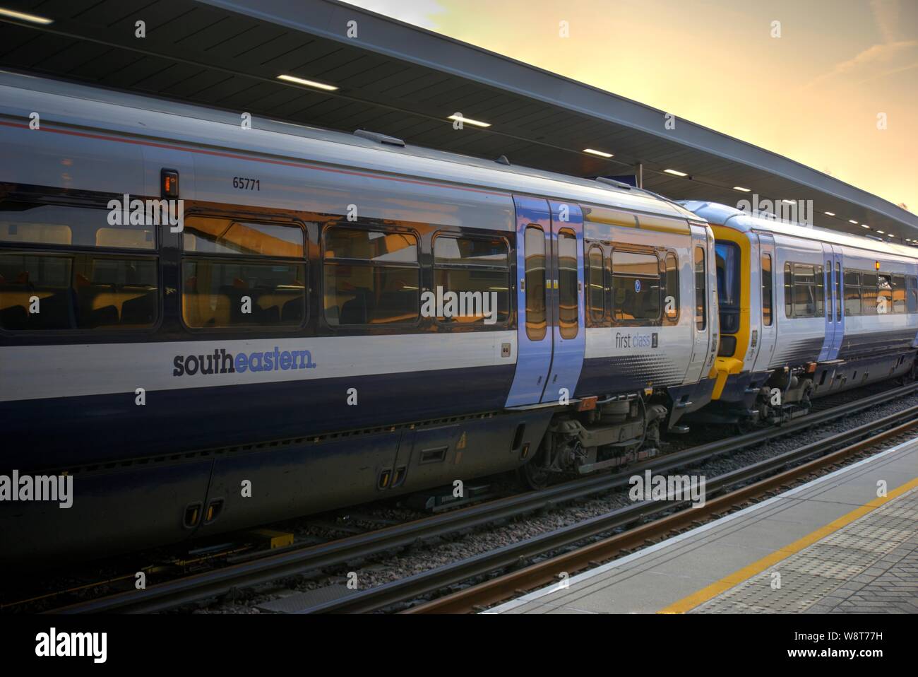 London, United Kingdom - April 15, 2019: Southeastern train waiting at ...
