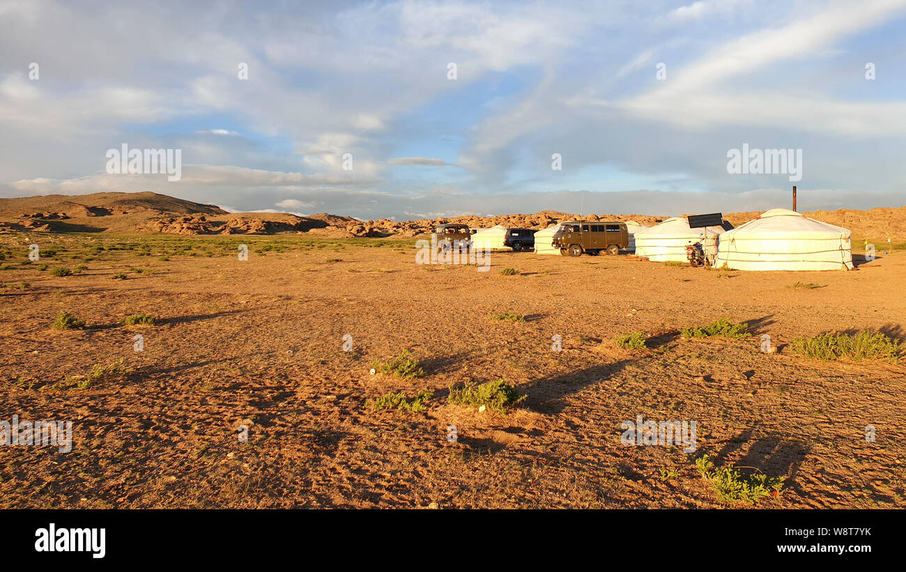Mongolian Gers and a Russian Vans at the Gobi Desert - Mongolia Stock ...