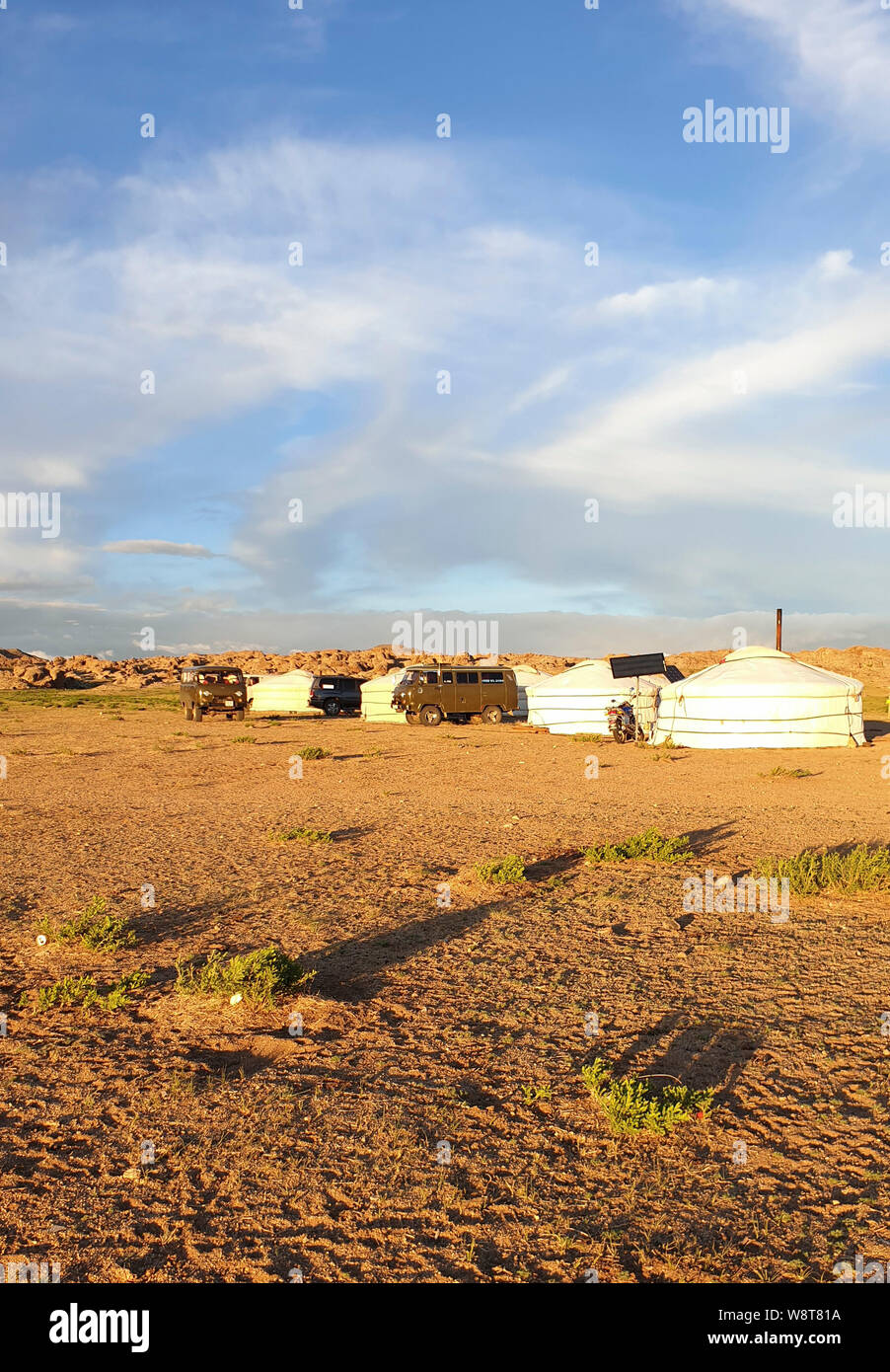 Mongolian Gers and a Russian Vans at the Gobi Desert - Mongolia Stock ...