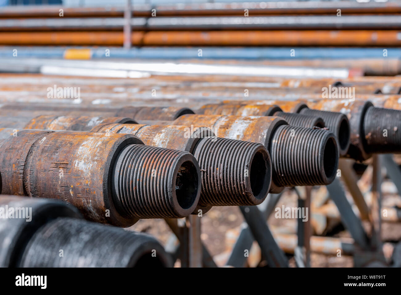 Oil Drill pipe. Rusty drill pipes were drilled in the well section ...