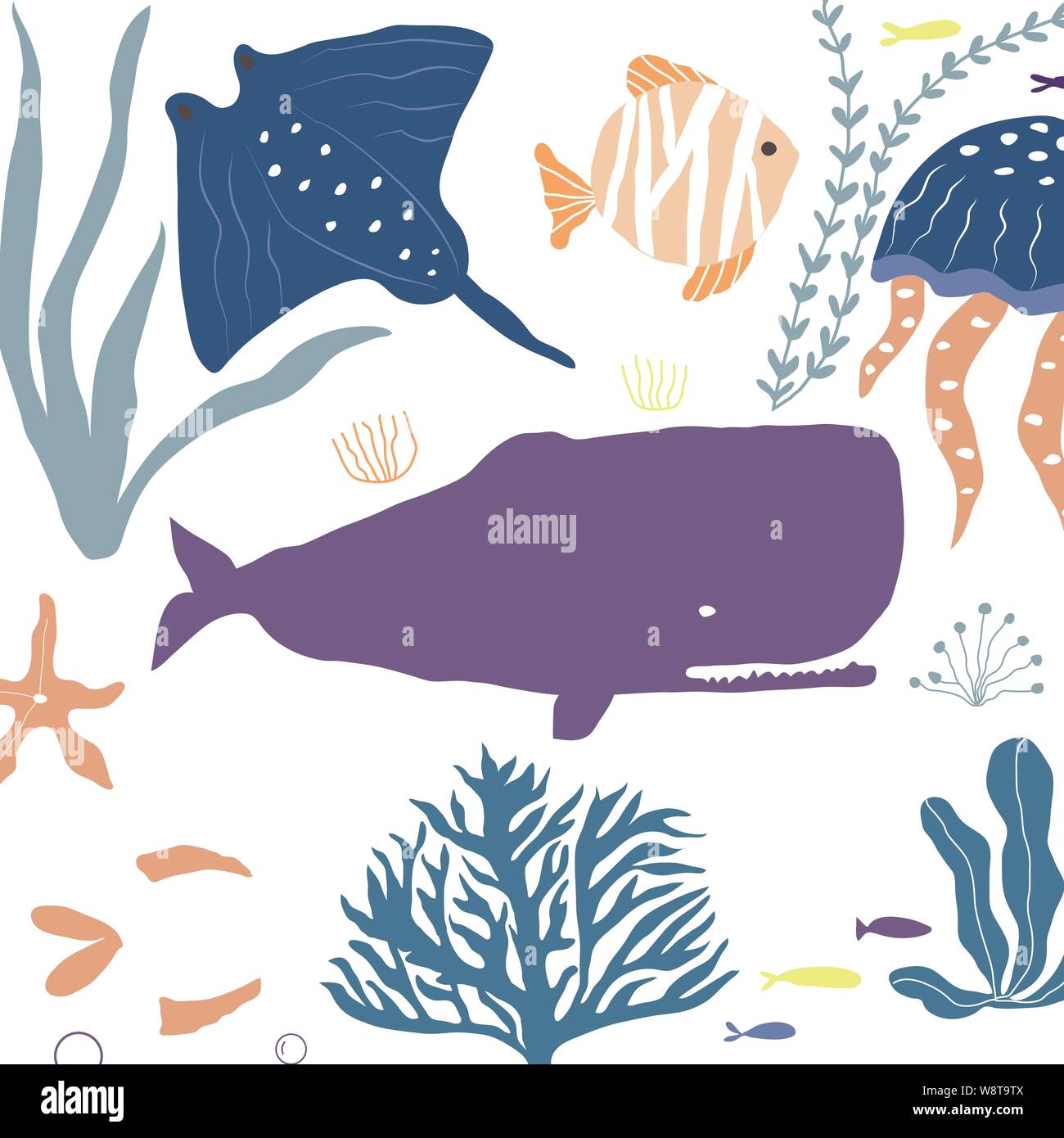 Underwater creatures octopus, whale, fish, jellyfish, clownfish ...