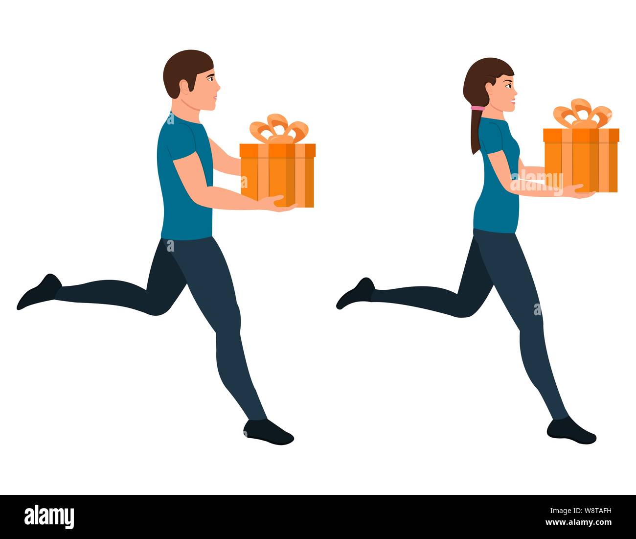 Running guy and girl character in a flat style, man and woman and gift ...
