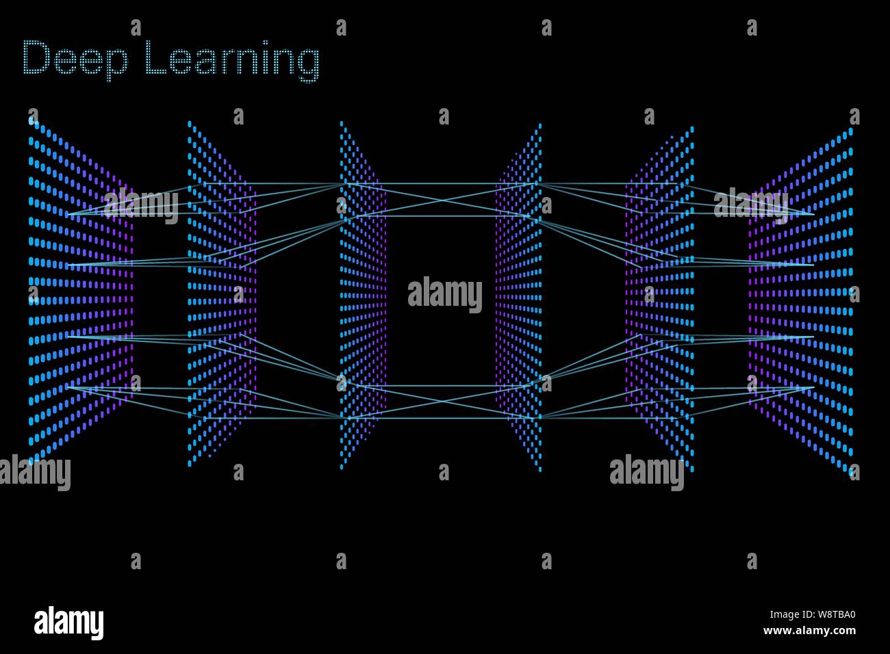 The model of deep learning neural network. Six layers model. Neon dots ...