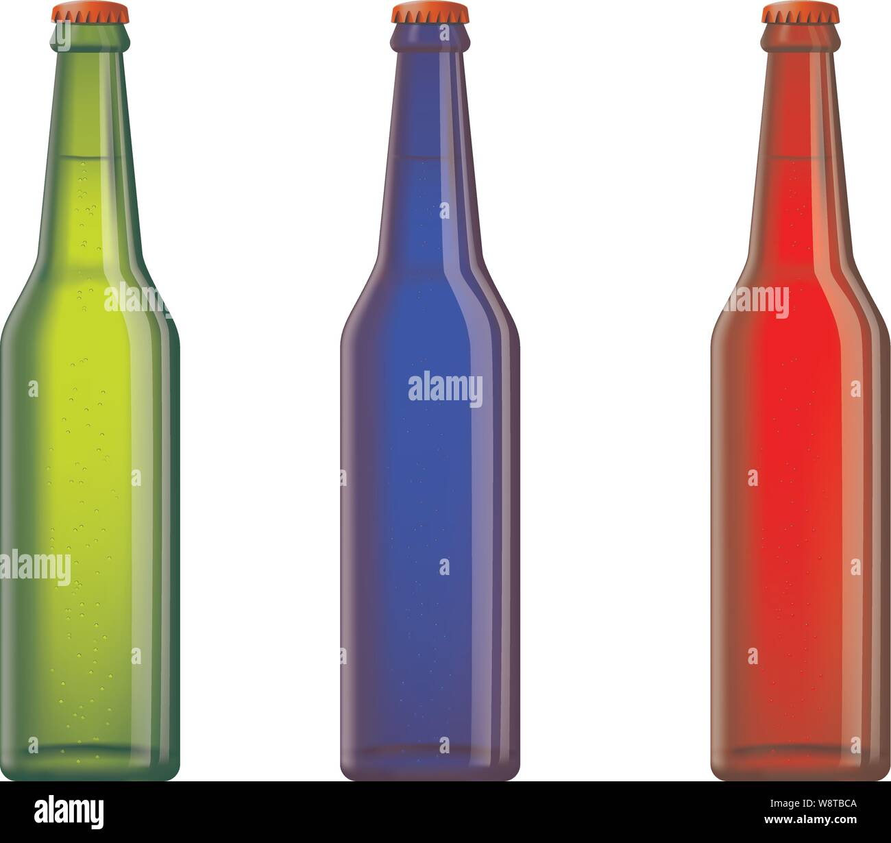 Three glossy bottles with light beer or fresh drink standing. Three ...