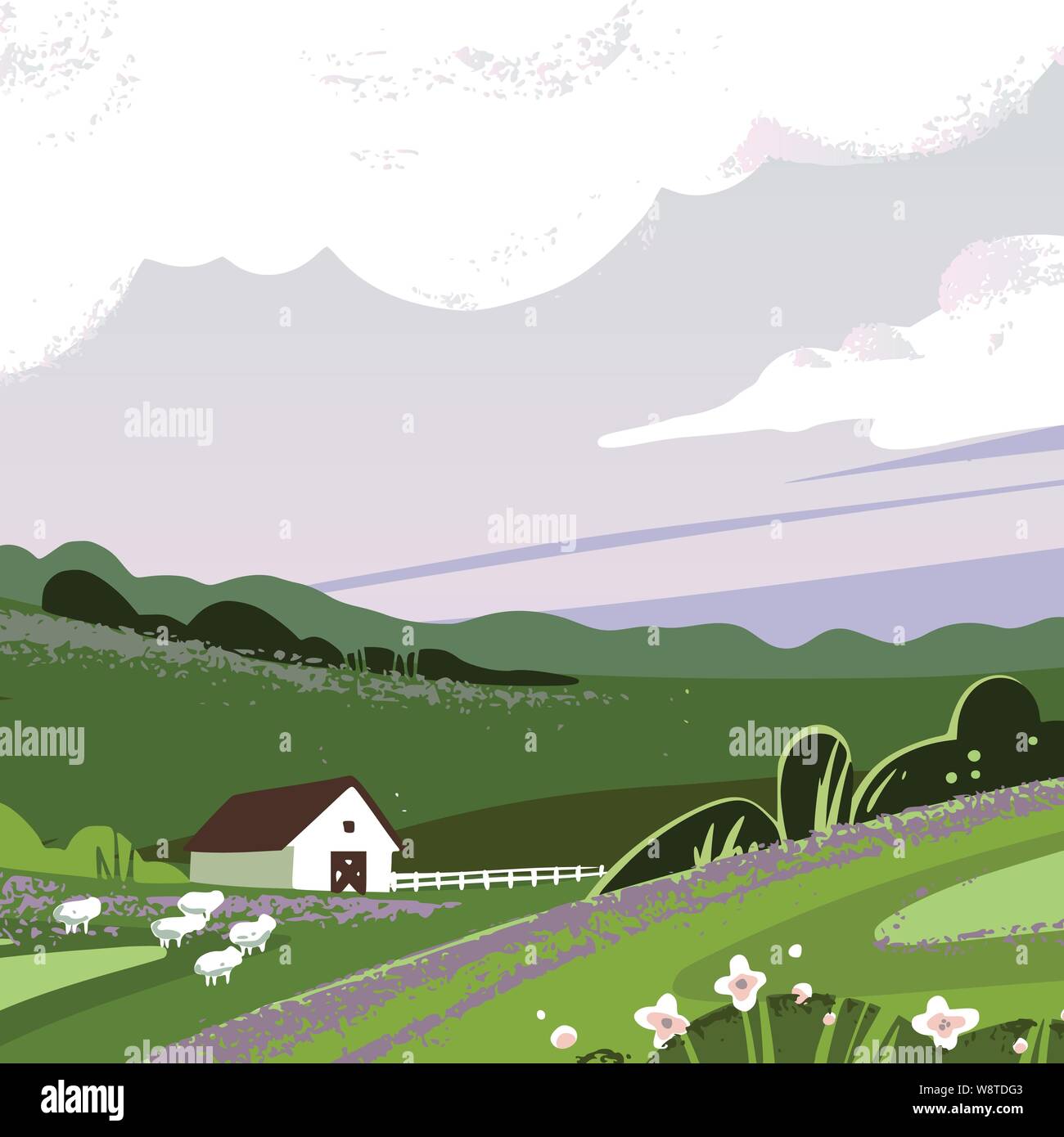 Color vector illustration in pastel colors of the countryside with a ...