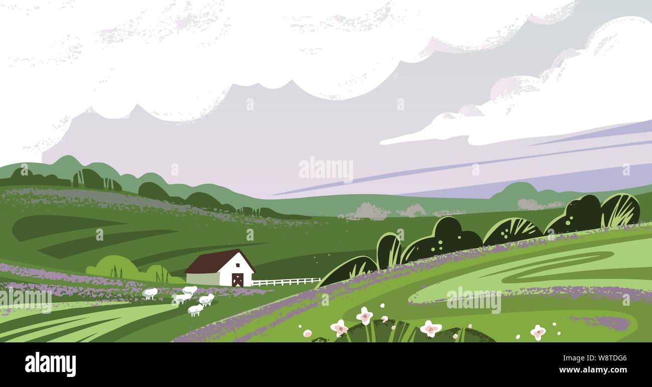 Color vector illustration in pastel colors of the countryside with a ...