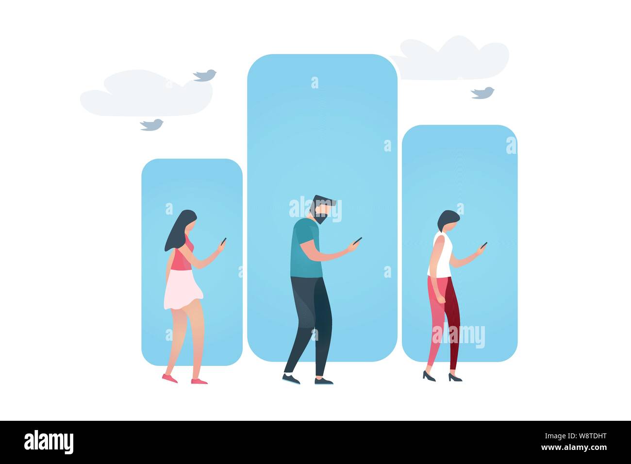 Group of three people that follow each other and looking at phones ...