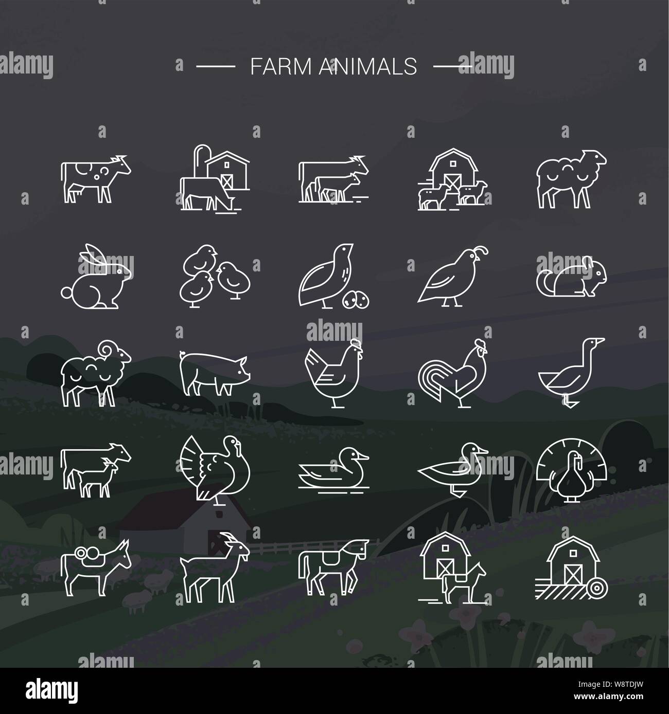 Modern farm animals symbols linear icons set of 25 icons drawn in ...