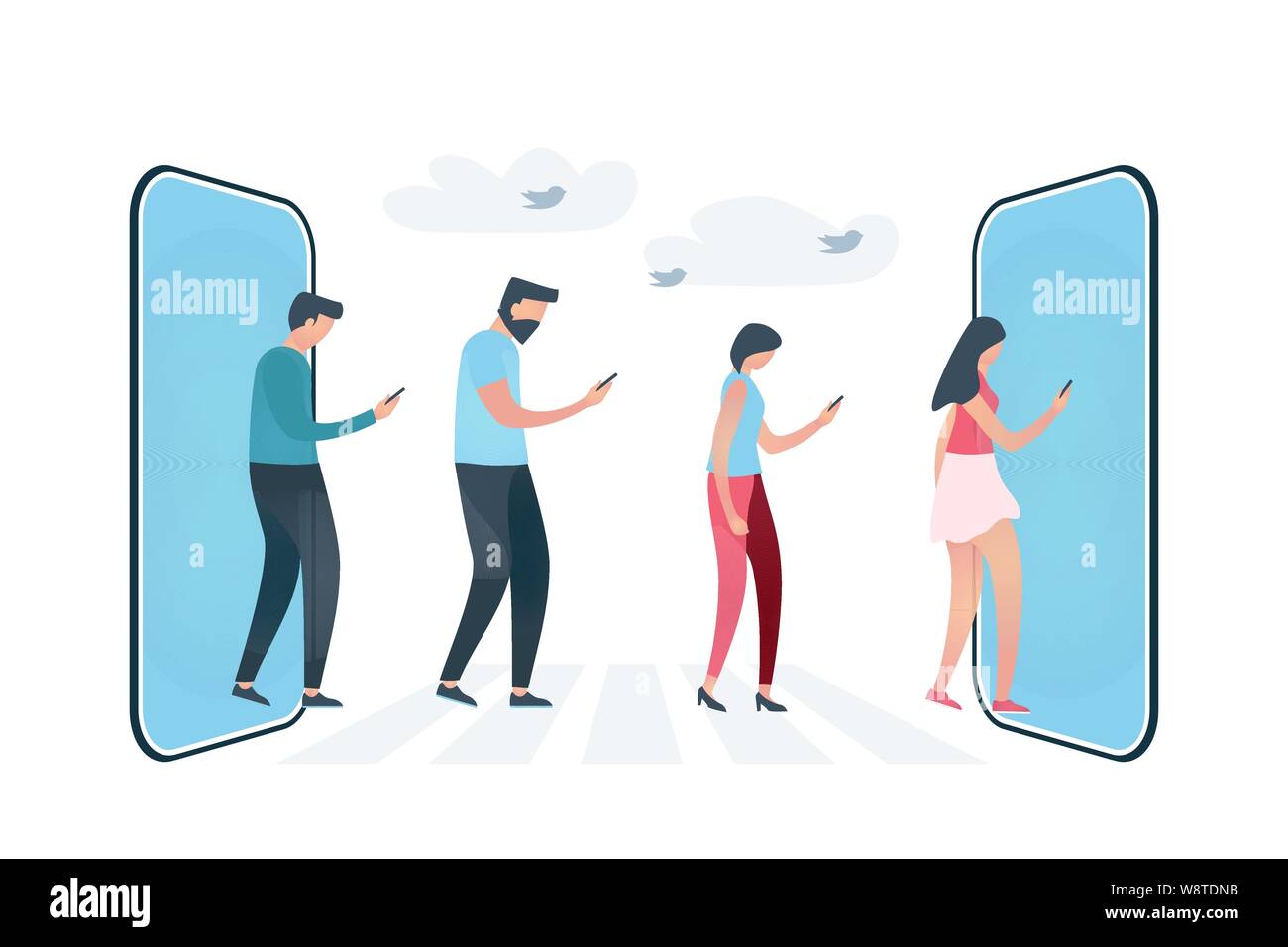 Group of four people that follow each other and looking at phones ...