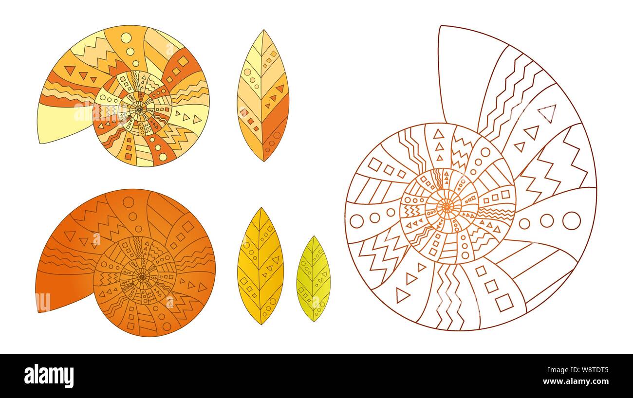 Set of snail shells and leaves with triangle, square and circle ...