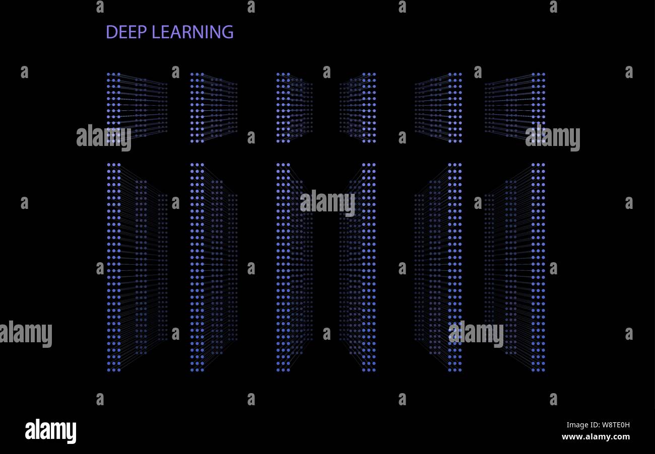 3D Neural network with six layers. Illustration of structured big data ...