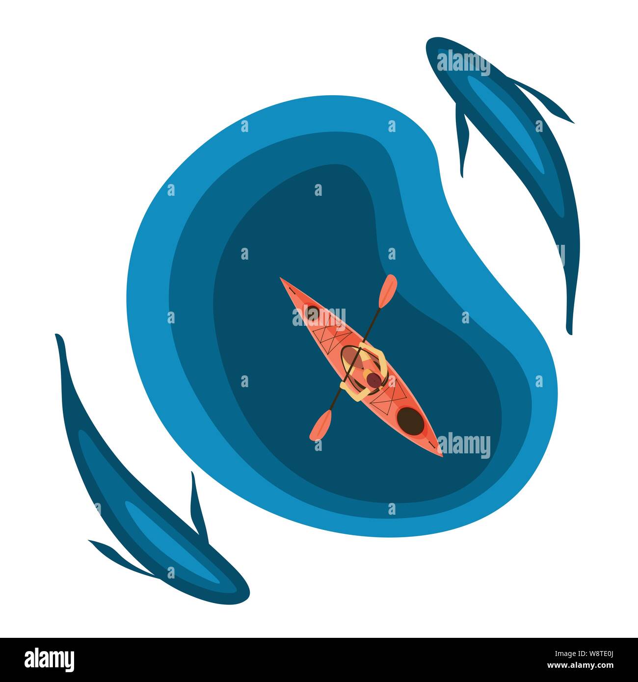 Outdoors activities background illustration. Kayak among giant fishes ...