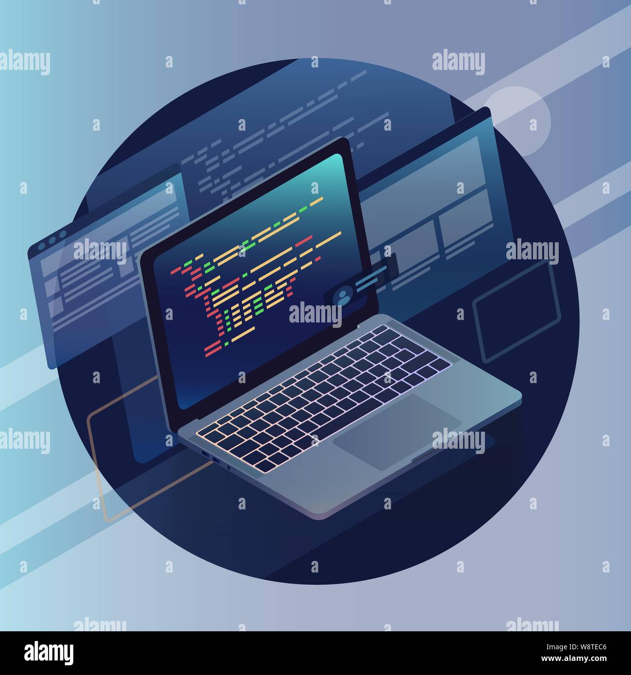 Circular concept of volumetric vector laptop with elements of ...