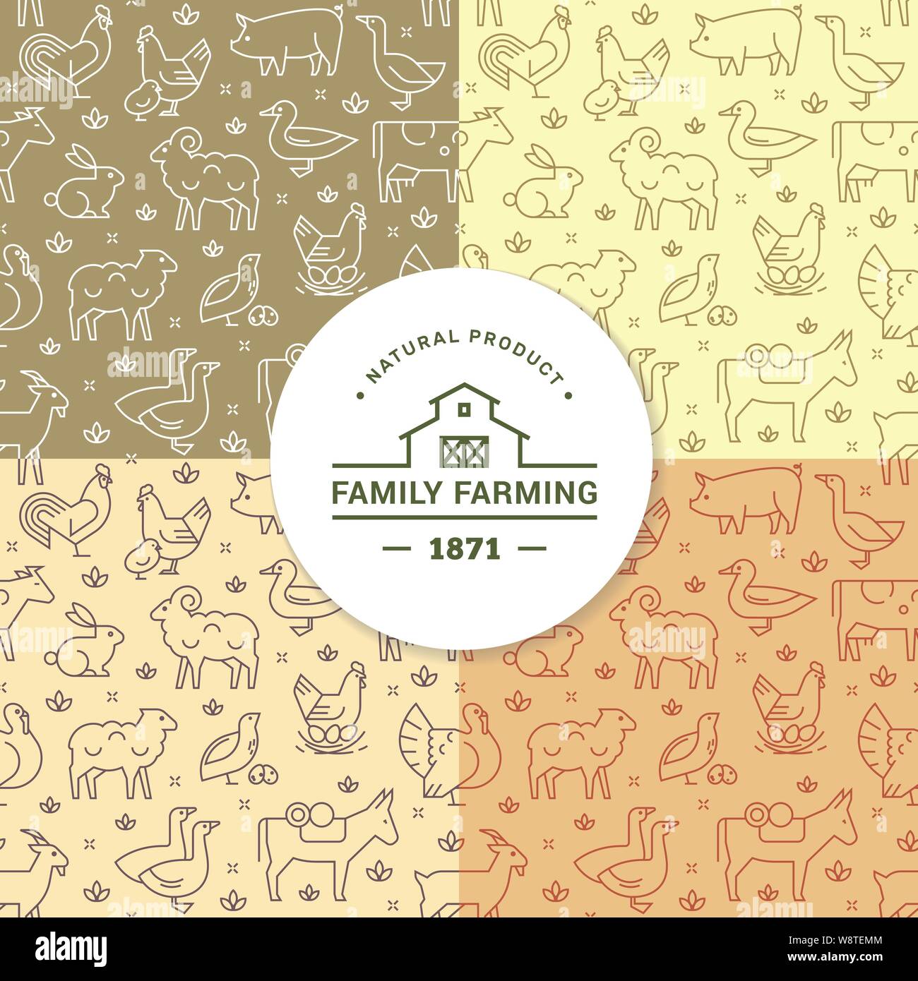 Set of four seamless vector patterns of farm animals, buildings ...