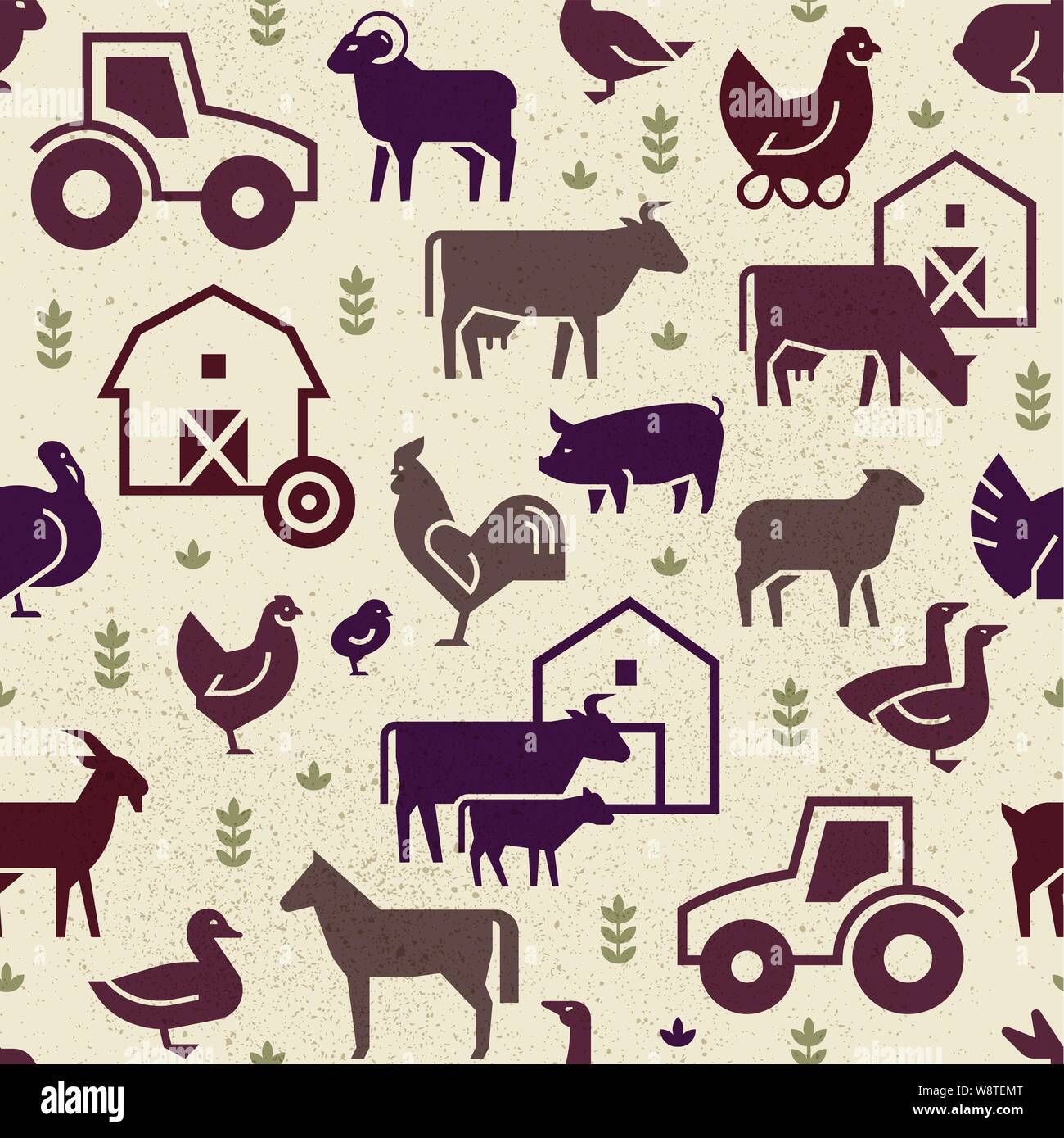 Seamless vector pattern of farm animals, buildings, equipment and other ...