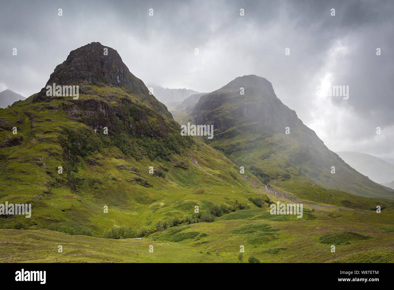 Rain approached the mountains of Glencoe in the Scottish Highlands ...