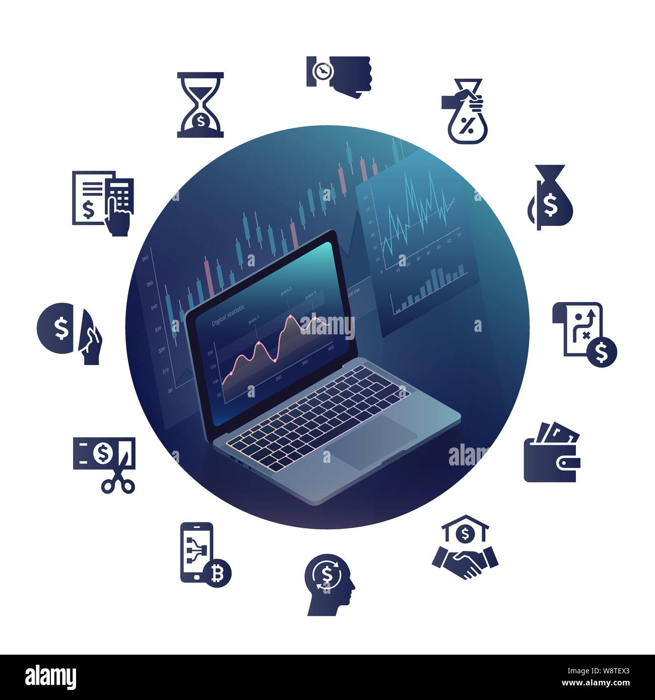 Circular concept of volumetric vector laptop with elements of ...