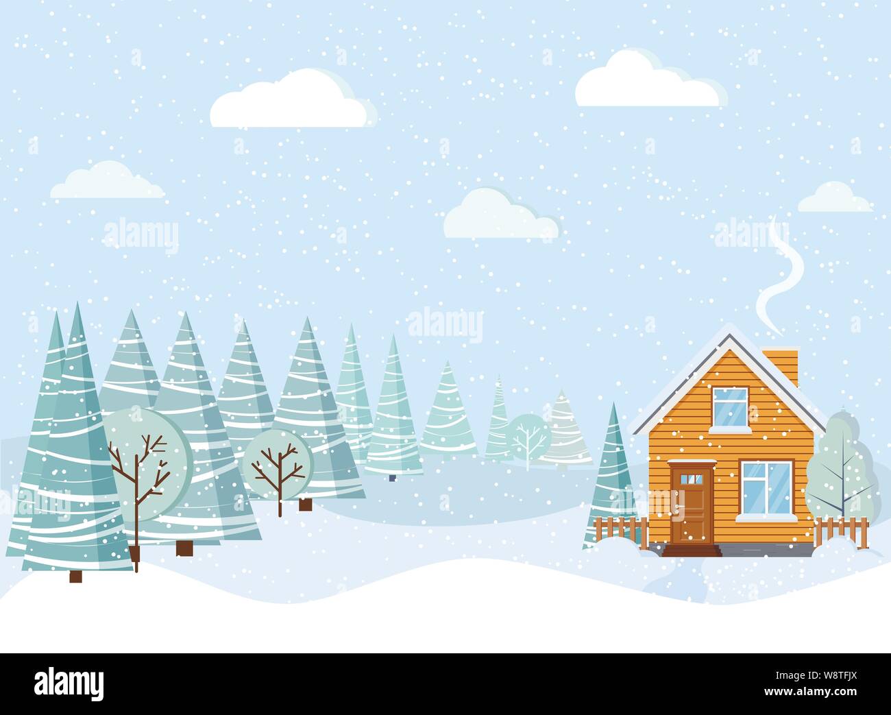 Light blue beautiful winter landscape with country house with chimney ...