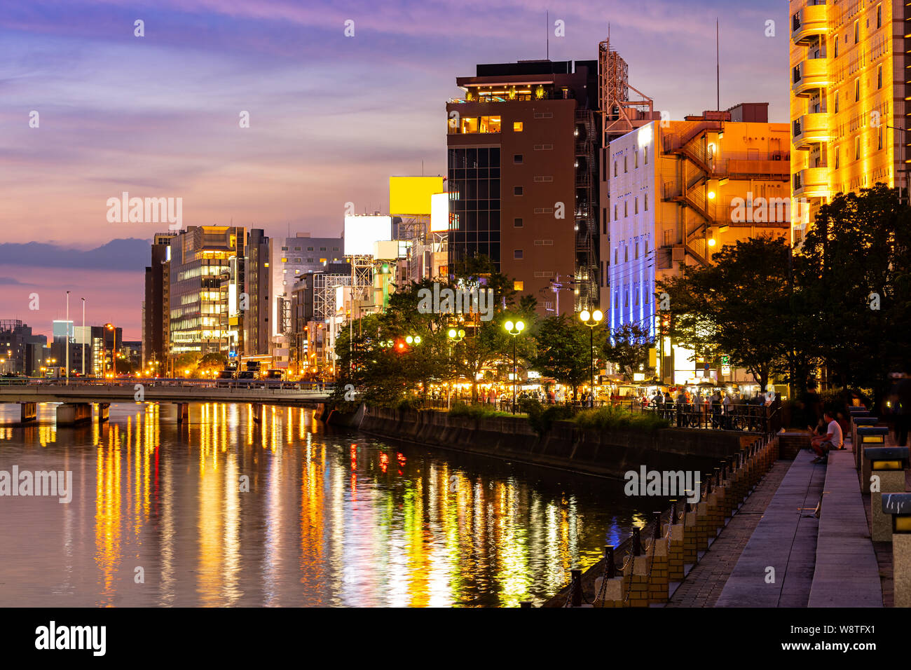 Fukuoka old town along naka river at Nakasukawabata sunset twilight ...