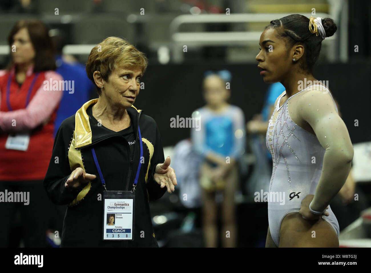 August 9, 2019: Gymnast eMjae Frazier with coach Donna Strauss during ...