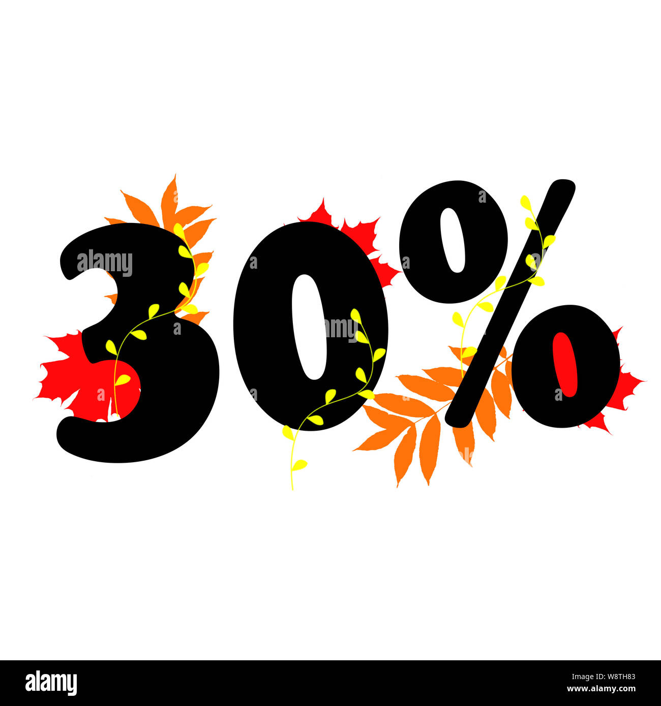Black inscription 30% decorated with colorful autumn leaves isolated on ...