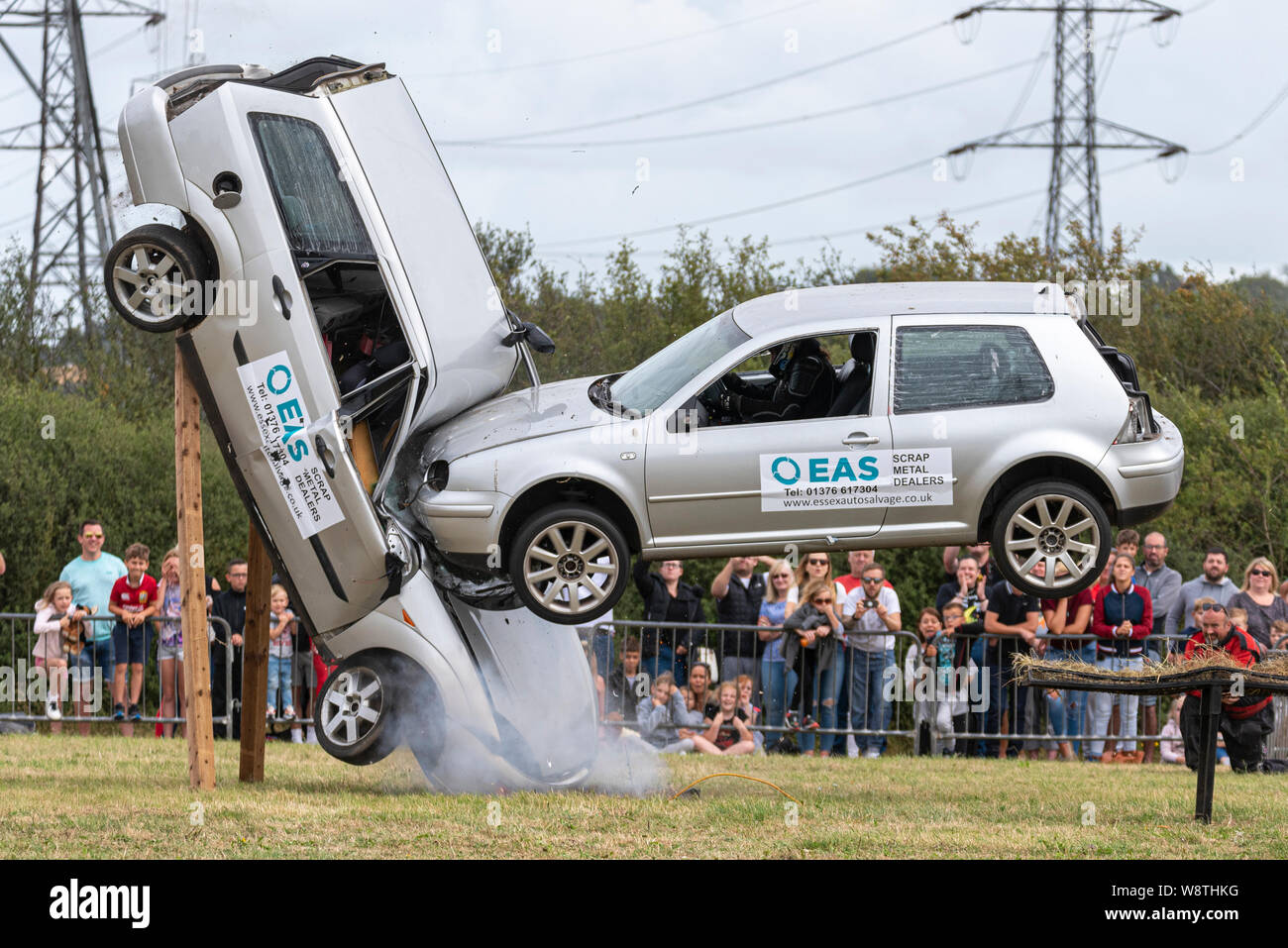 Scott May’s Daredevil Stunt Show at Rayleigh, Essex, UK. Car jumping ...