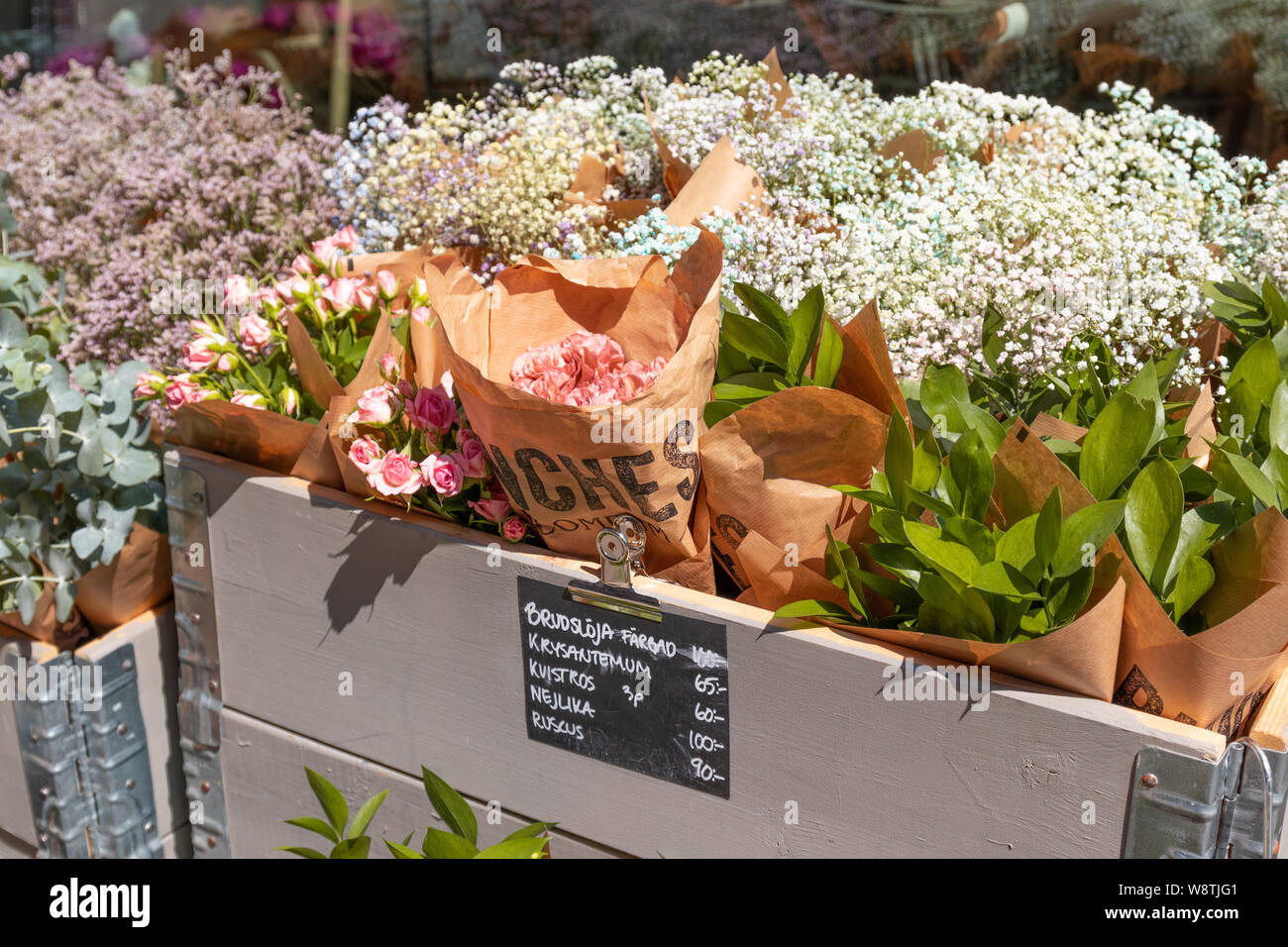 Stockholm, Sweden June 7 2019:Beautiful bouquets of flowers on the ...