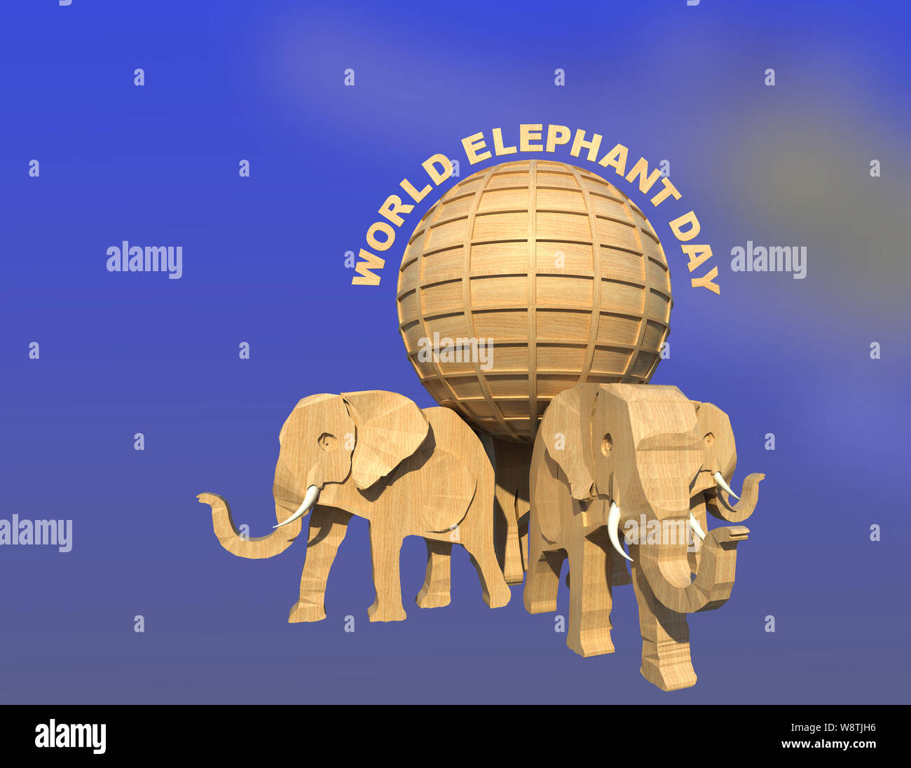 World Elephant Day 3D illustration 3. A sculpture of four elephants ...