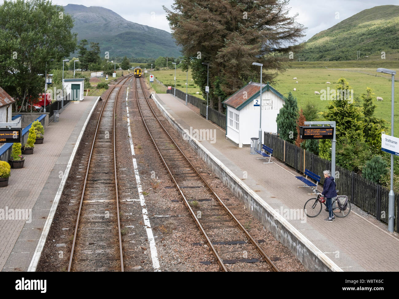 Passenger with bicycle for ScotRail train at Strathcarron Station ...