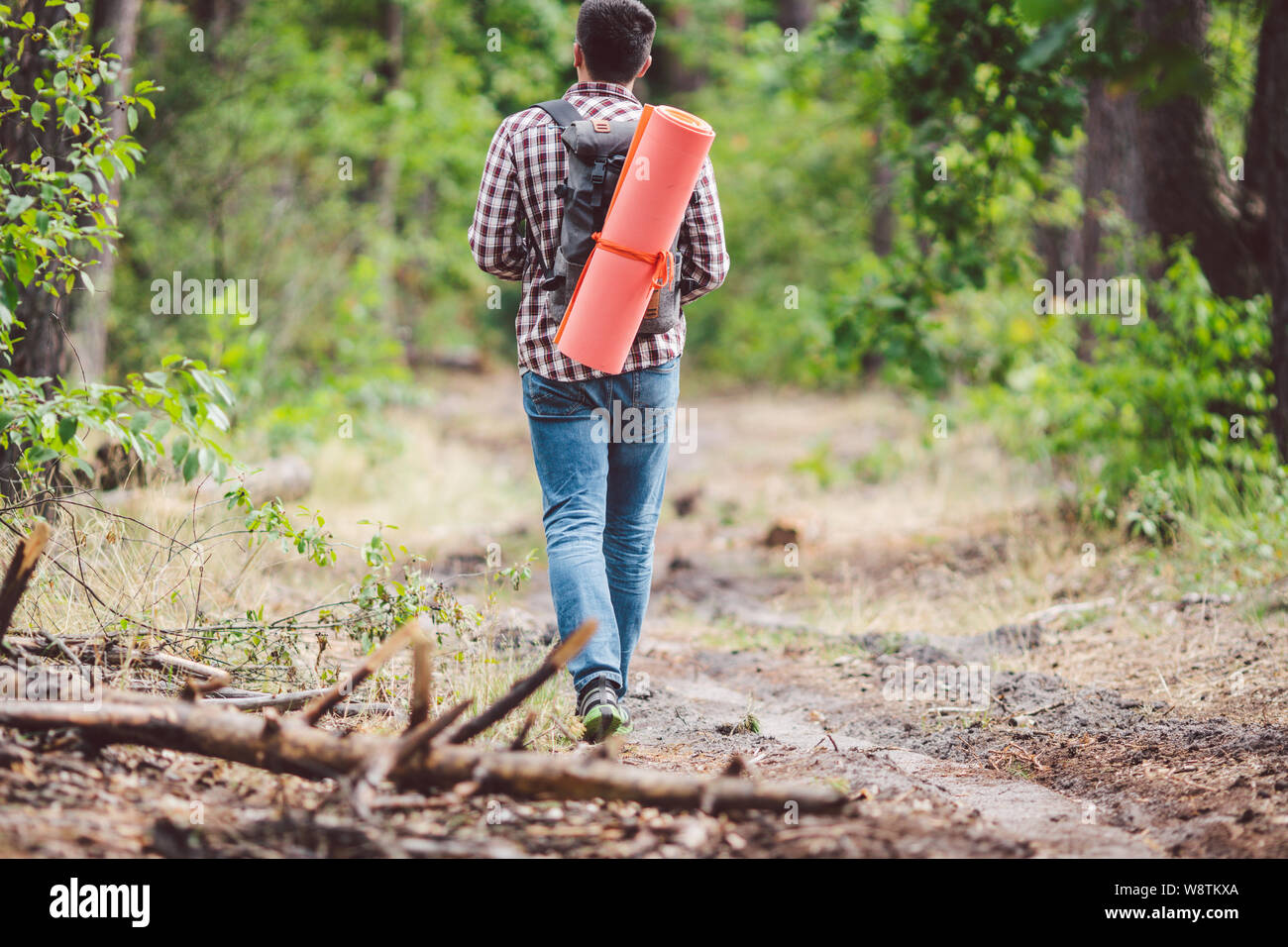 Concept breathtaking journey and adventure. Back view hike brave ...