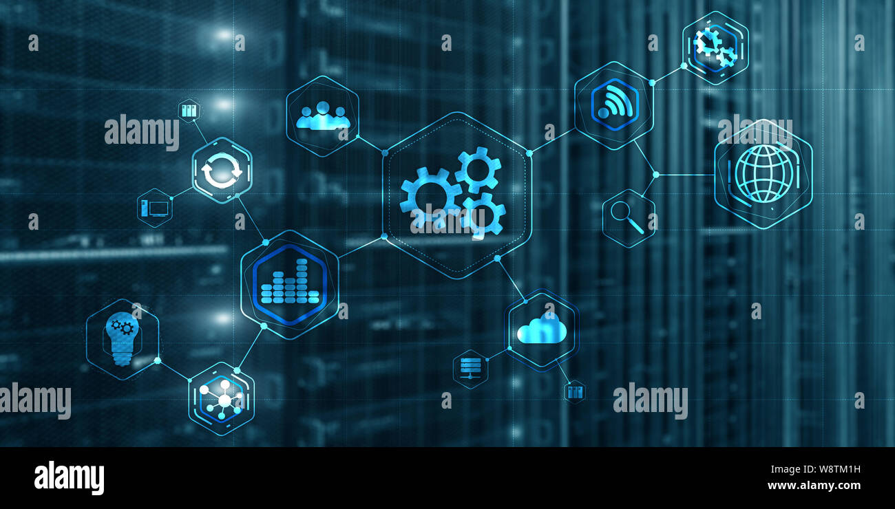 Gears icon business process automation connect. Server room abstract ...