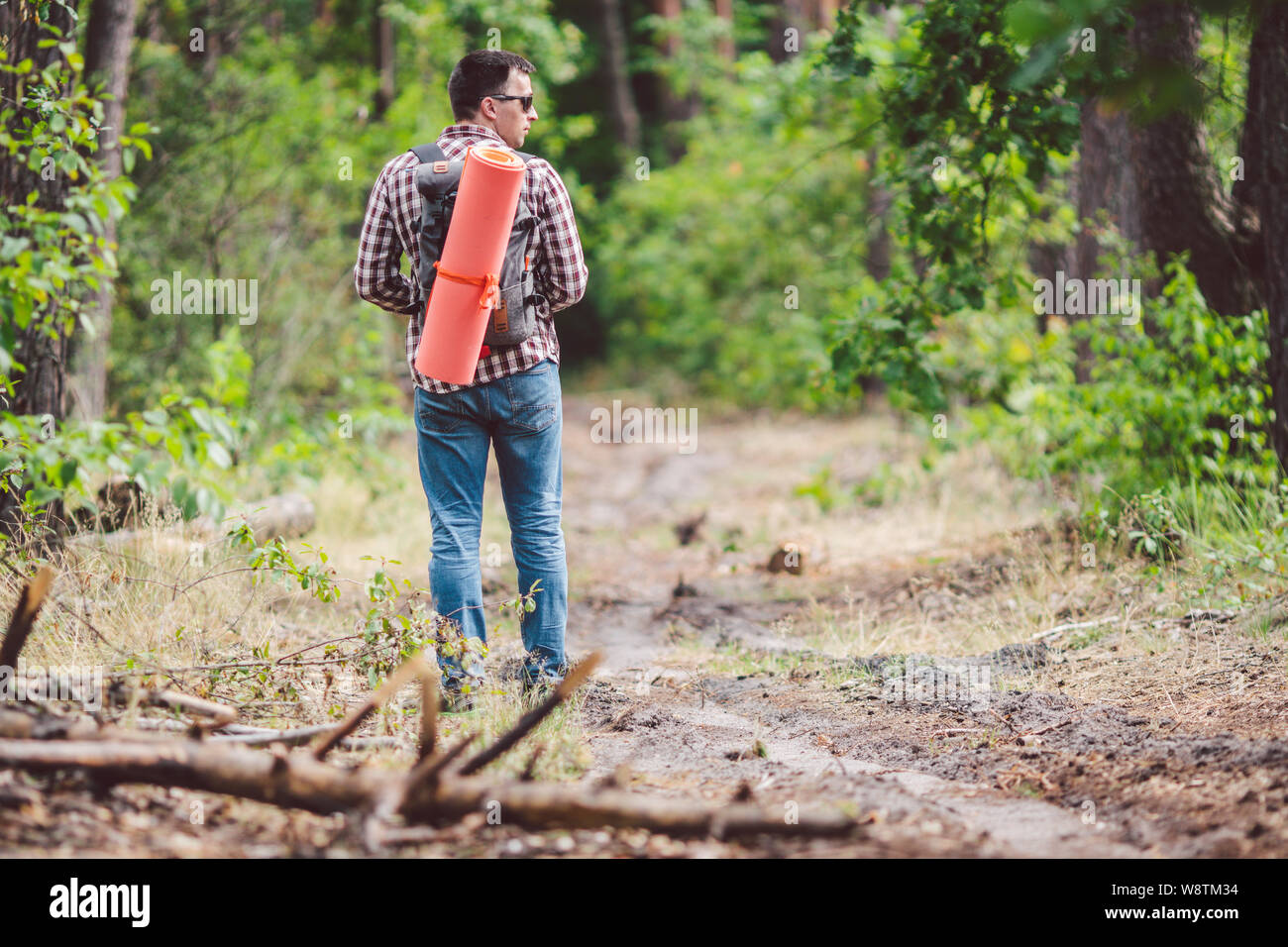 Concept breathtaking journey and adventure. Back view hike brave ...